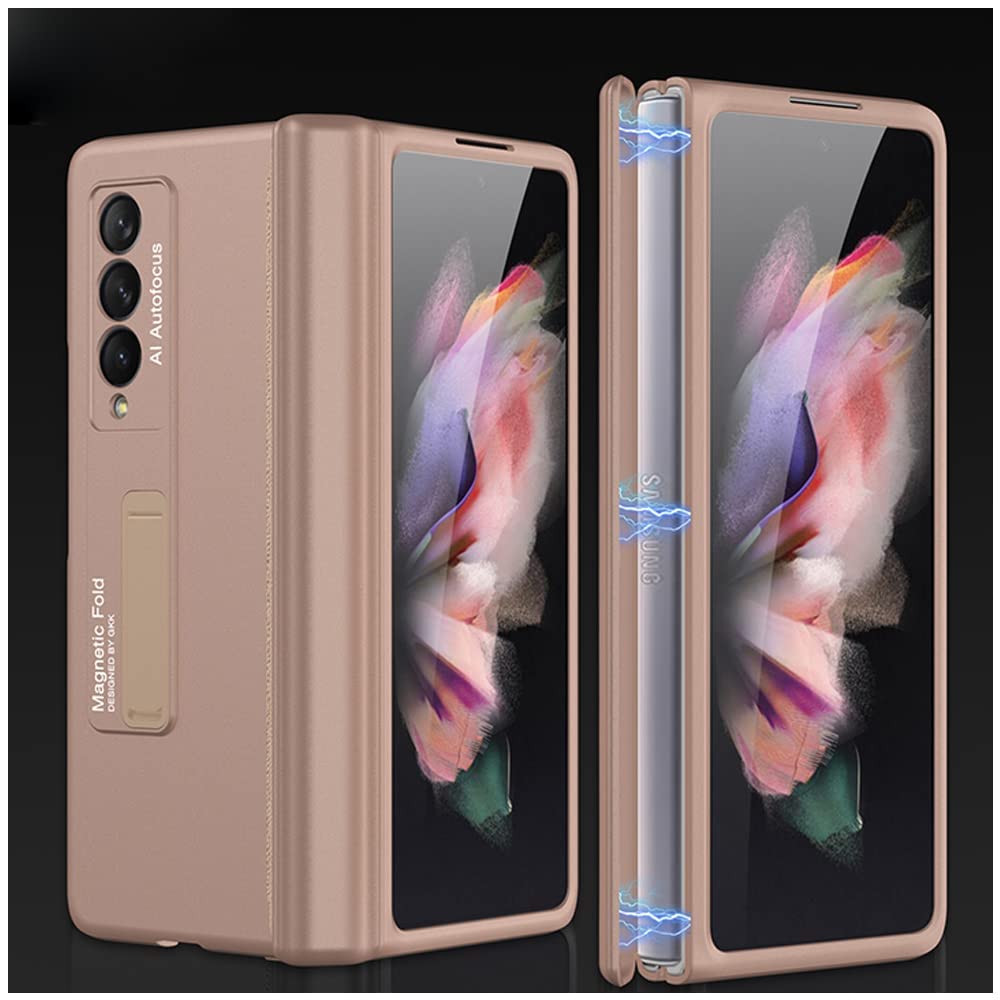 PUROOM for Samsung Galaxy Z Fold 3 Case Hinge Coverage Protective Case with Built-in Magnetic Kickstand PC Shockproof Cover for Samsung Galaxy Z Fold 3 5G 2021 (Gold)