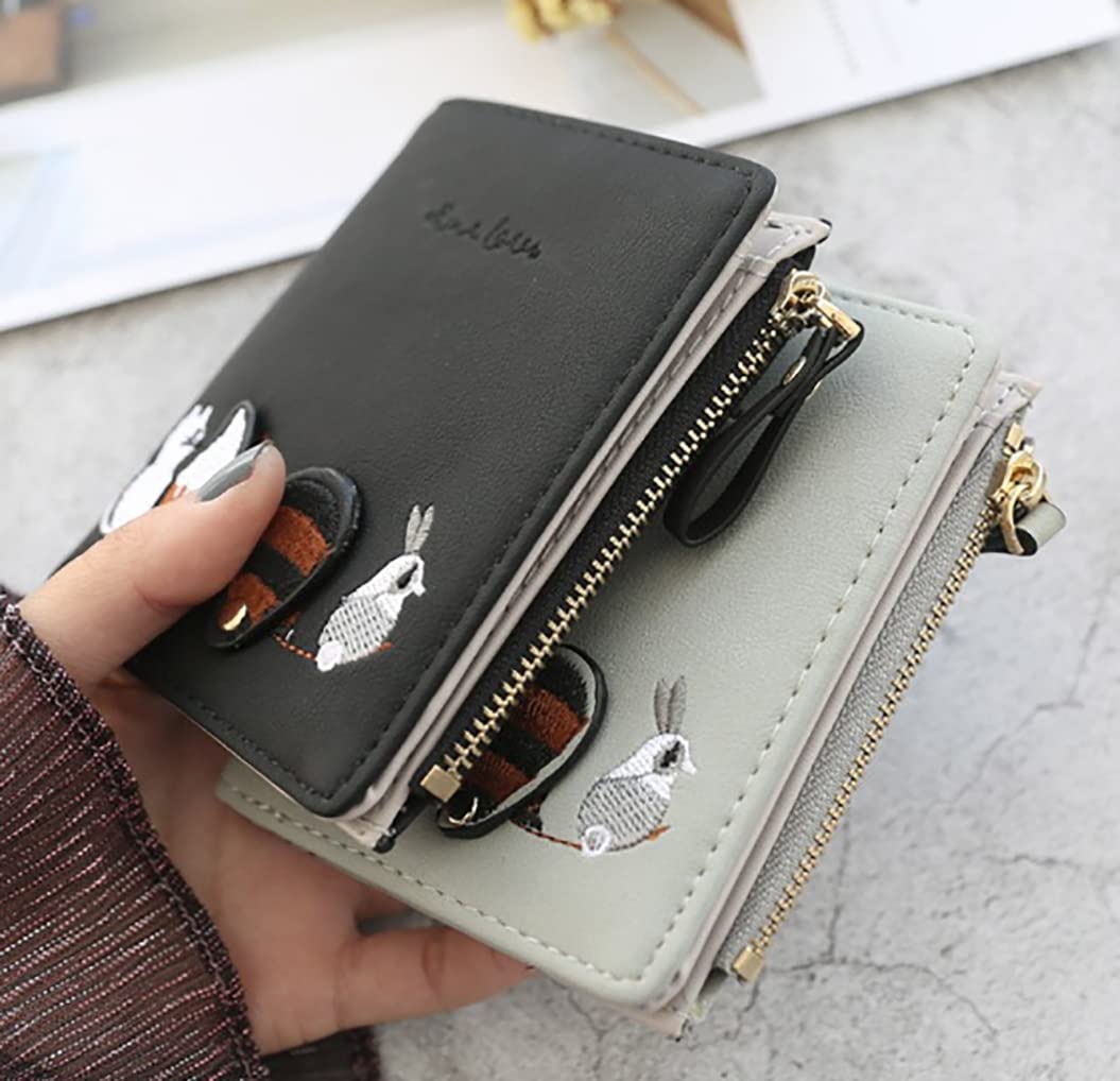 YaJaMa Cute Cat Fox Rabbit Embroidery Women Wallet Small Bifold PU Leather Credit Card Case Holder Zipper Coin Purse for Girls (Black)