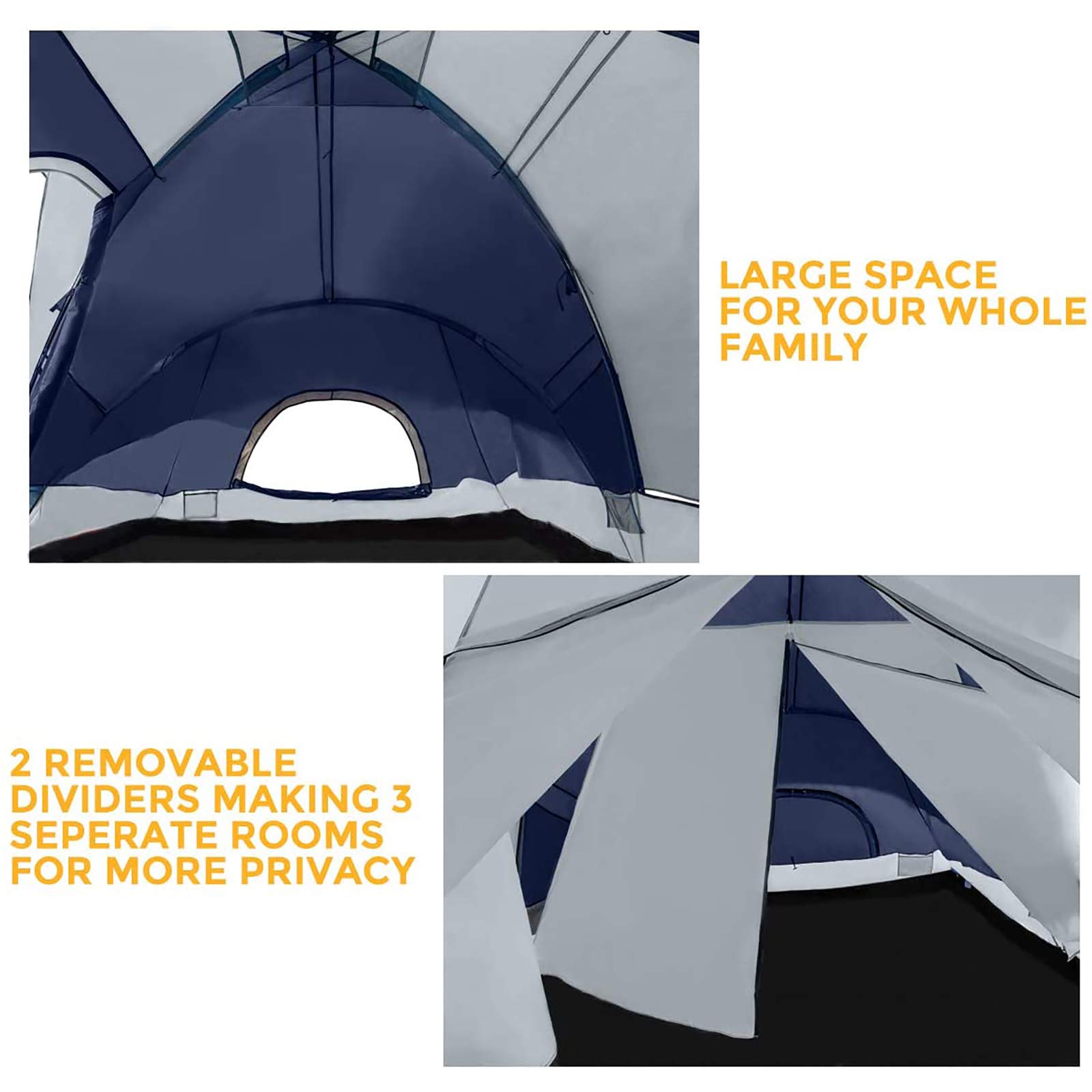 Pacific Pass 8 Person Dome Tent w/ Removable Rain Fly and Room Dividers, Water Resistant - Navy/Gray