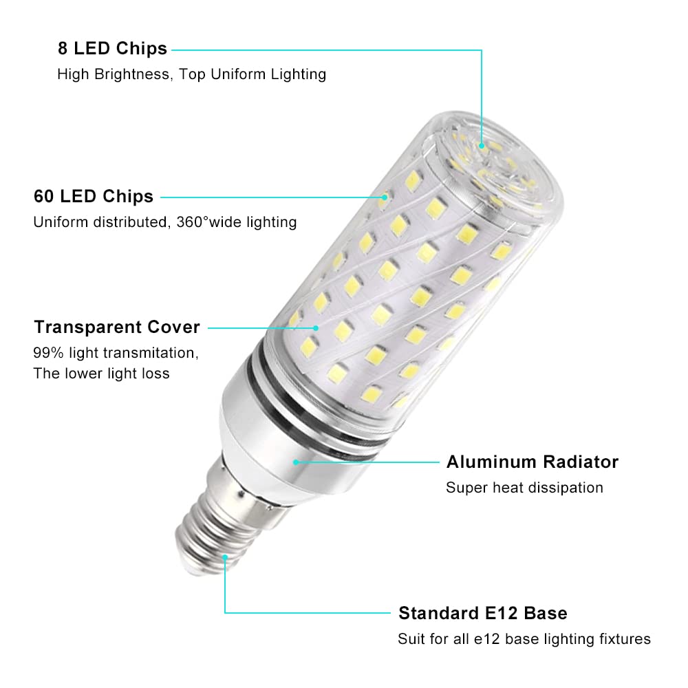 Super Bright E12 LED Corn Bulbs, 16W 1500LM Bulbs, Daylight White 6000K Lights, CRI80+, 120W Incandescent Bulb Equivalent, E12 Base Non-Dimmable LED Lamp, Pack of 8