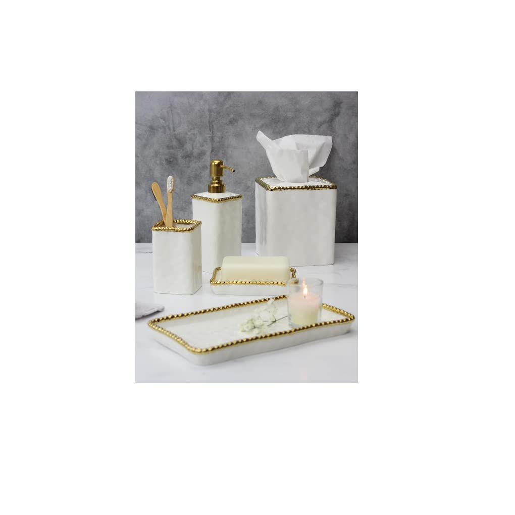 Pampa Bay VAN2718WG Toothbrush Holder with Gold Beads, 4.5-inch Height, Porcelain