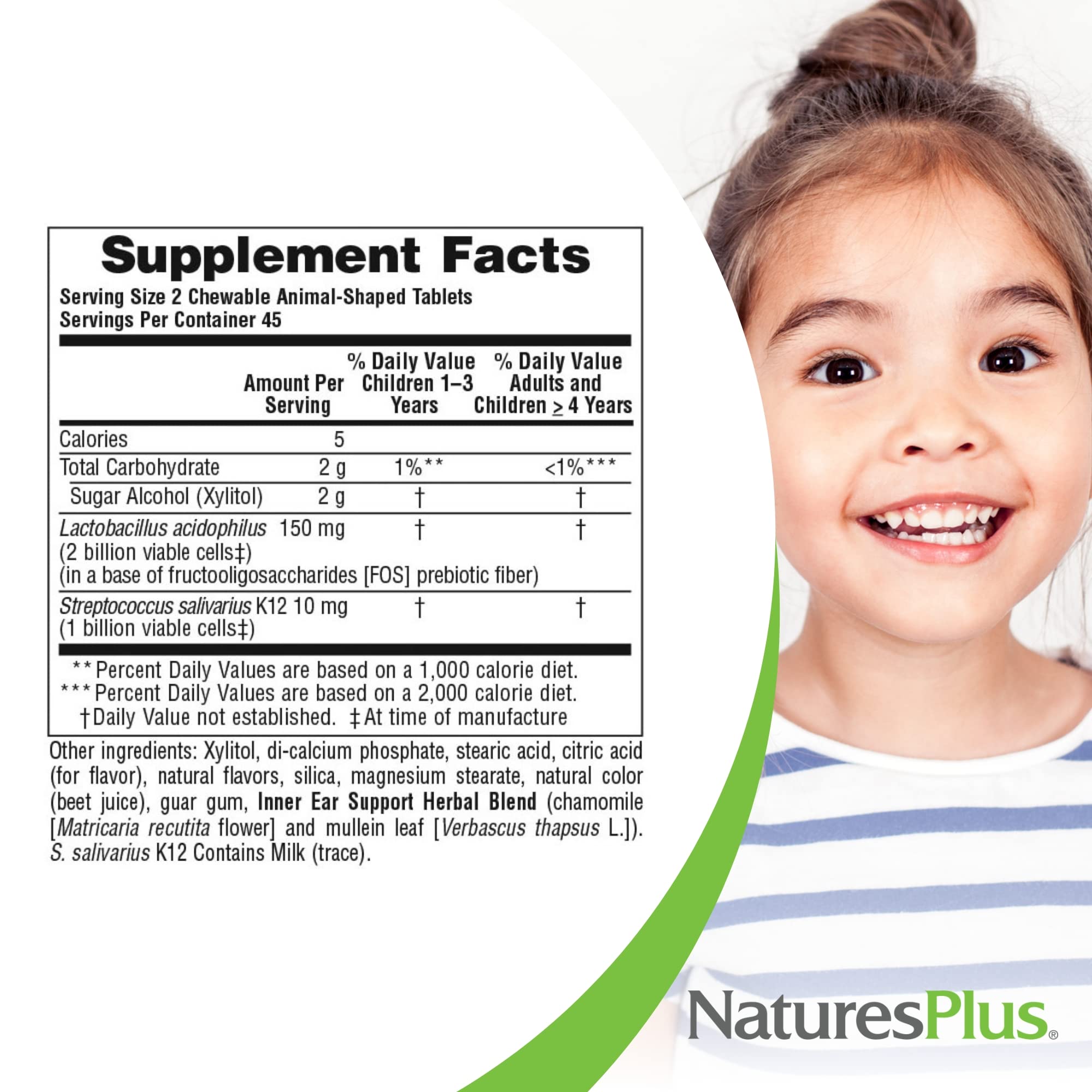 Natures Plus Animal Parade Inner Ear Support Children’s Chewable - Natural Cherry Flavor - 90 Animal-Shaped Tablets - Probiotic Supplement - Gluten Free - 45 Servings