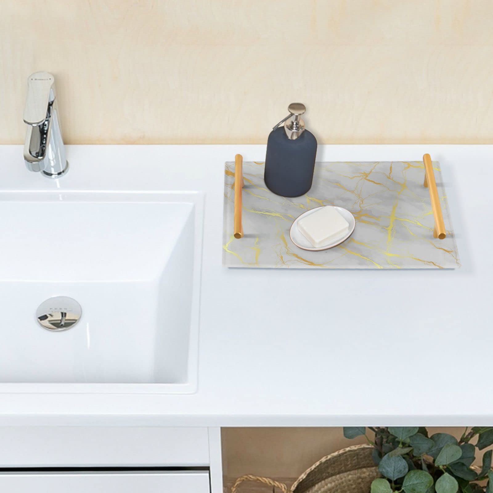 Vanity Tray White Marble with Golden Decorative Tray Bathroom Acrylic Jewelry Perfume Trays with Handle Makeup Dresser Cosmetic Bedroom Kitchen, 12x8 in