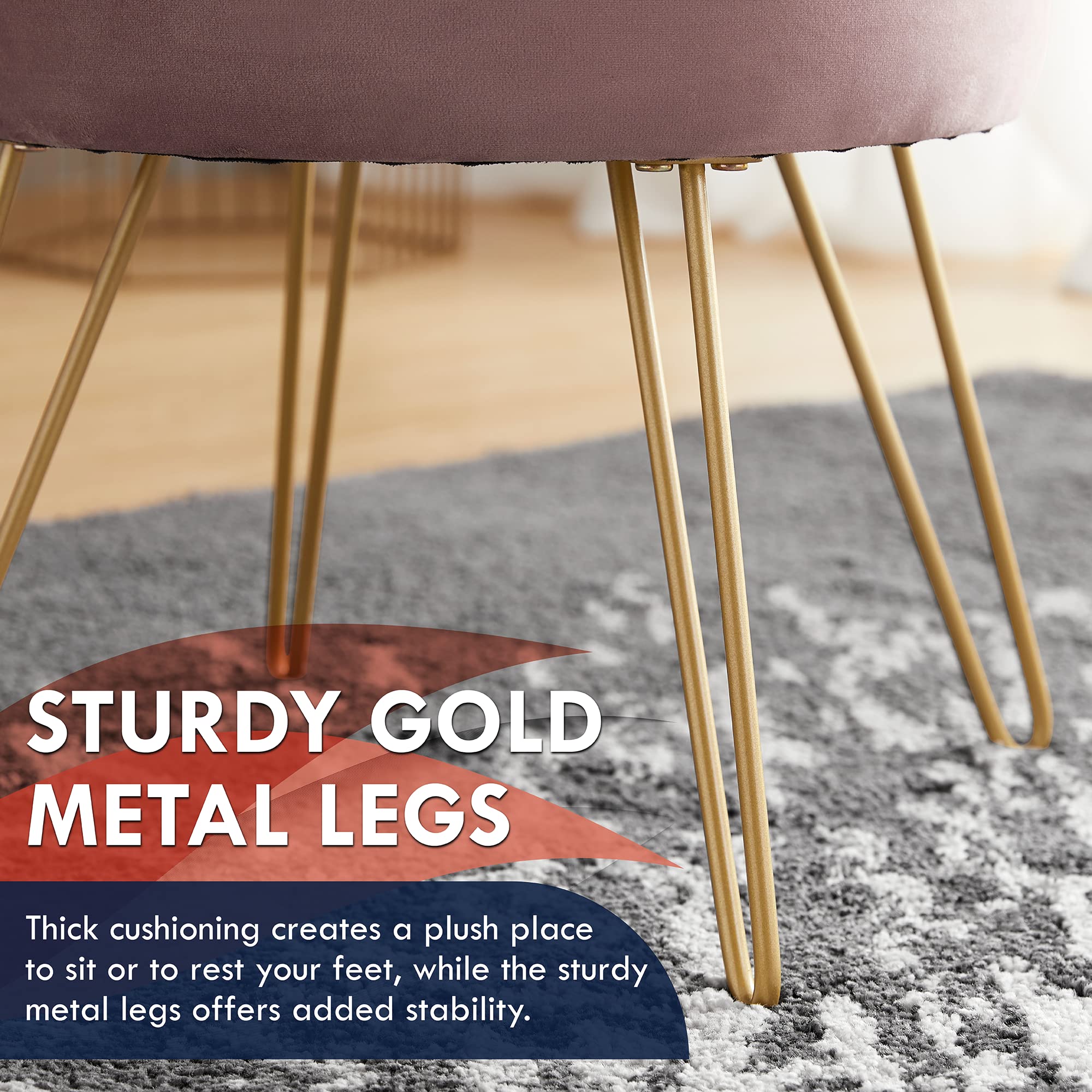 Ornavo Home Modern Round Velvet Storage Ottoman Foot Rest Stool/Seat with Gold Metal Legs & Tray Top Coffee Table - Blush