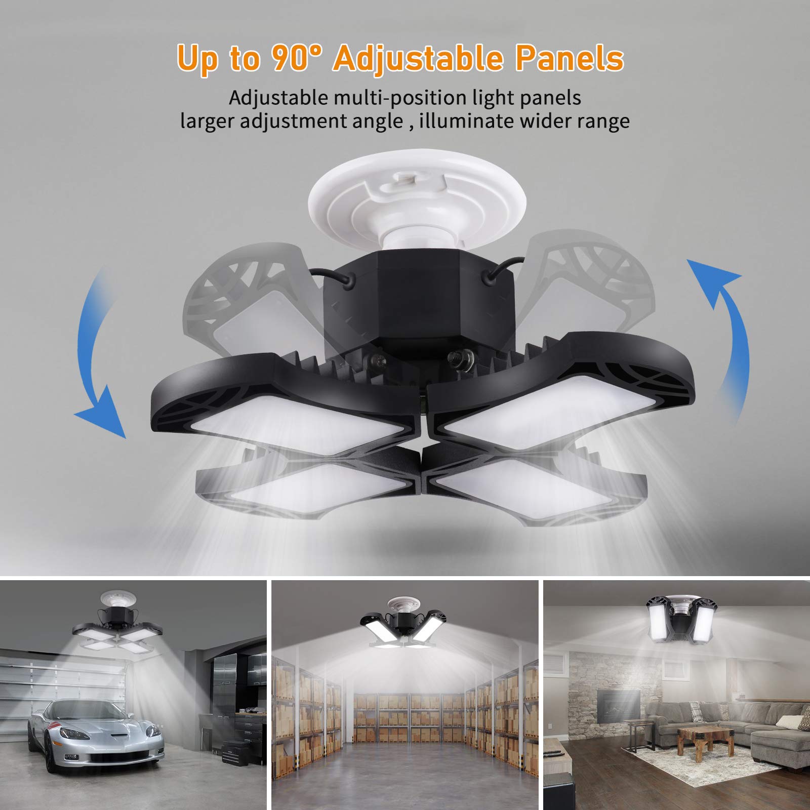 QiMH 110W LED Garage Lights,12000LM Ultra Bright 5000K Daylight Garage Ceiling Lights with 4 Adjustable Multi-Position Panels,LED Shop Light Garage Lighting fixtures for Workshop,Basement,Barn,Yard