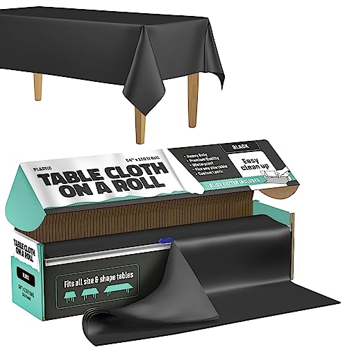 Tablecloth Roll â 54" X 110' Black Premium Plastic Table Cloths with Cutter Box - Cut to Size - Decorative Rectangle Table Cover Smooth Tablecloth - Disposable Tablecloths for Parties, Weddings.