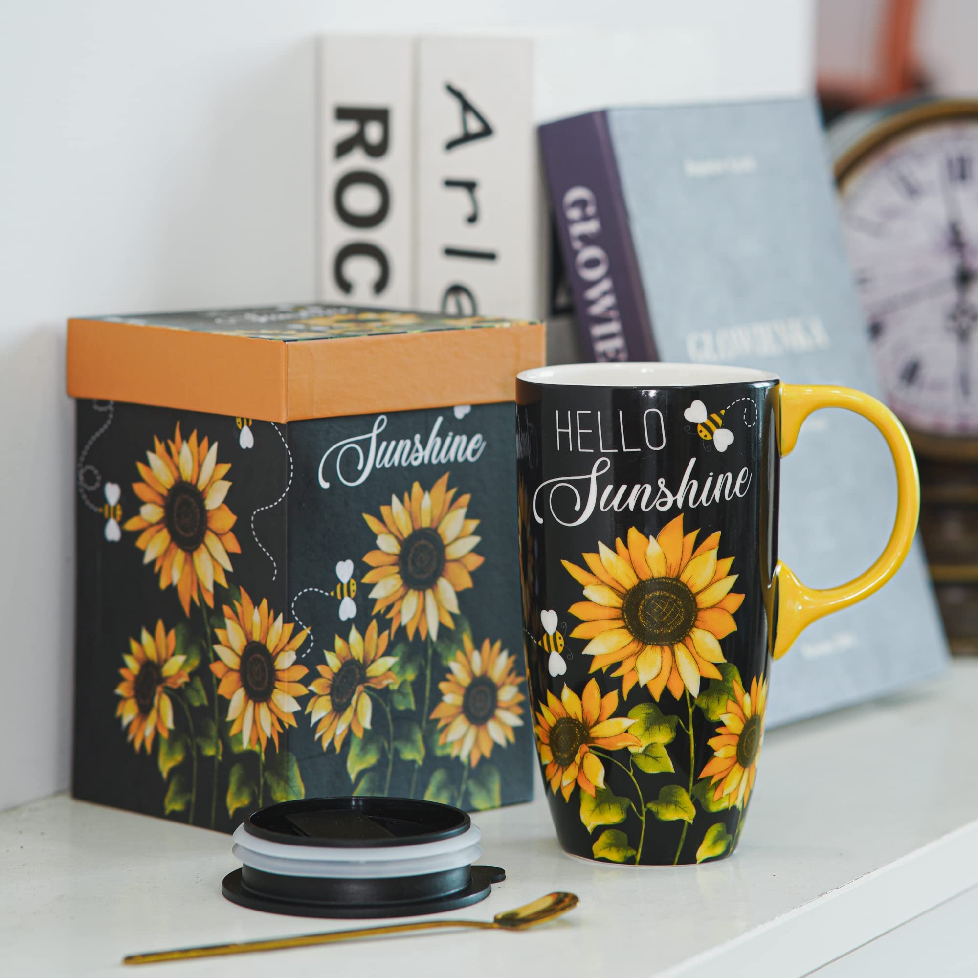 Topadorn Ceramic Coffee Mug Gift for Home & Office, 17oz. Porcelain Latte Travel Cup with Lid and Color Box, Sunflower Art Tea Mug with Handle, 6.5" H