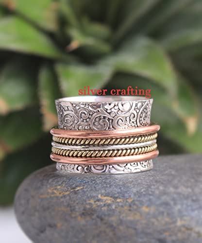 Three Tone Silver Spinner Ring, Beautyful Design Ring, Meditation ring, 925 Sterling Silver Ring (9)