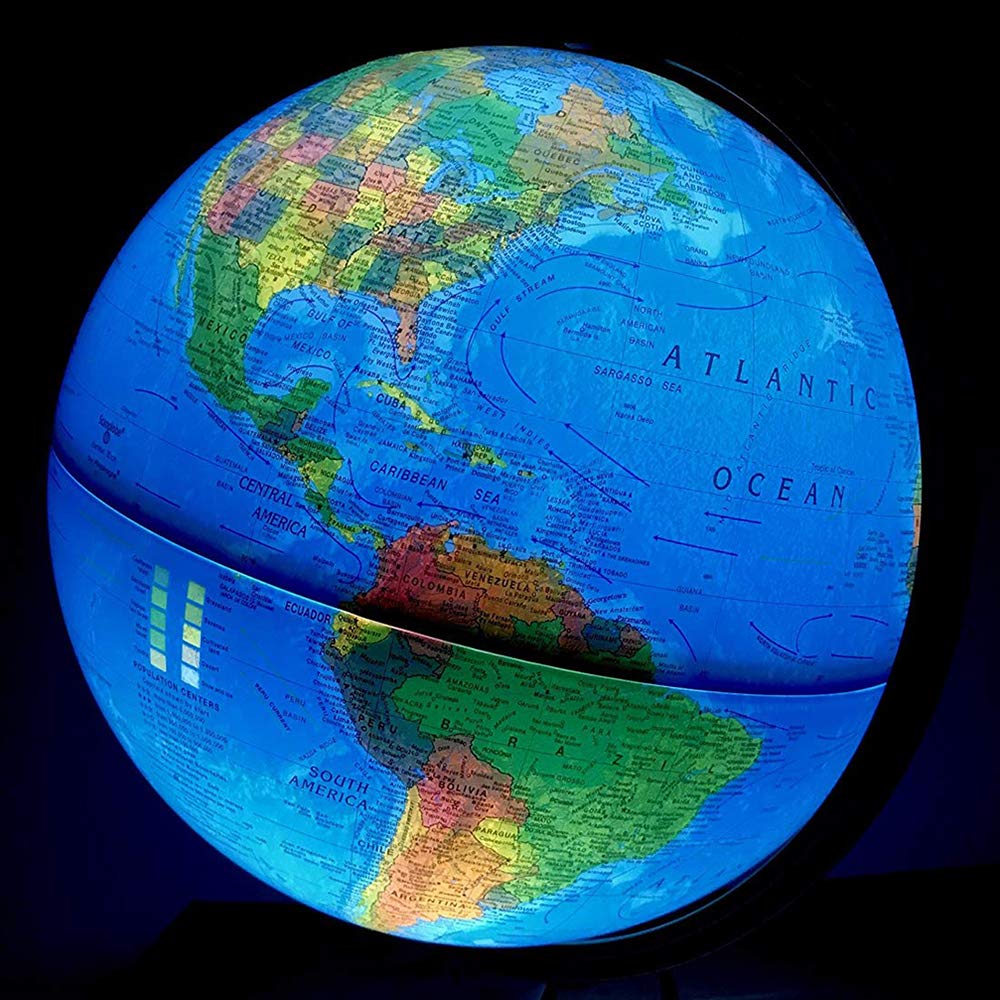 Replogle Standard (ILLUMINATED) 12inch topographical on outside and political map on inside, made in USA