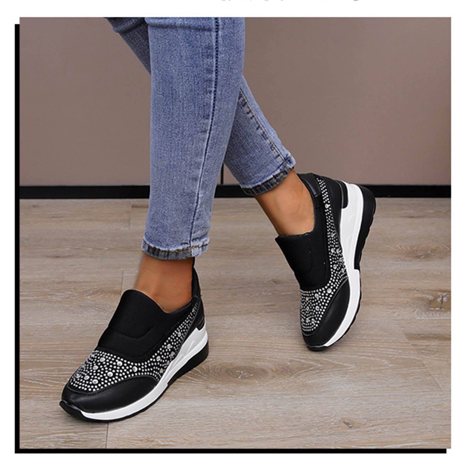 Women's Casual Shoes Fashion Rhinestones Platform Wedge Slip-on Sneakers Classic Comfort Low Top Walking Booties Black
