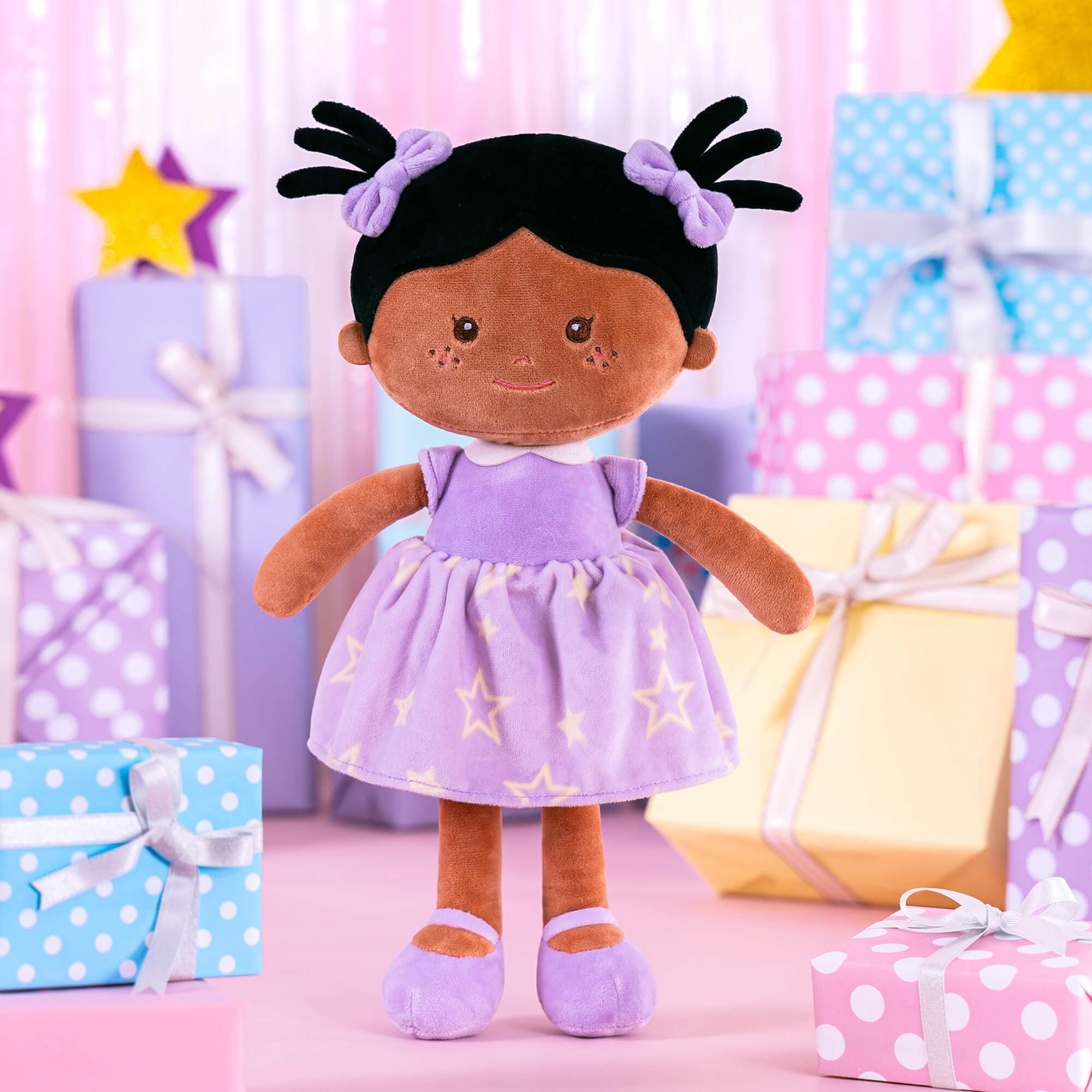 Onetoo First Baby Doll Plush Rag Doll Sleeping Cuddle Buddy Doll Soft Baby Doll Wear Star Purple Dress 14"(Milly Series)