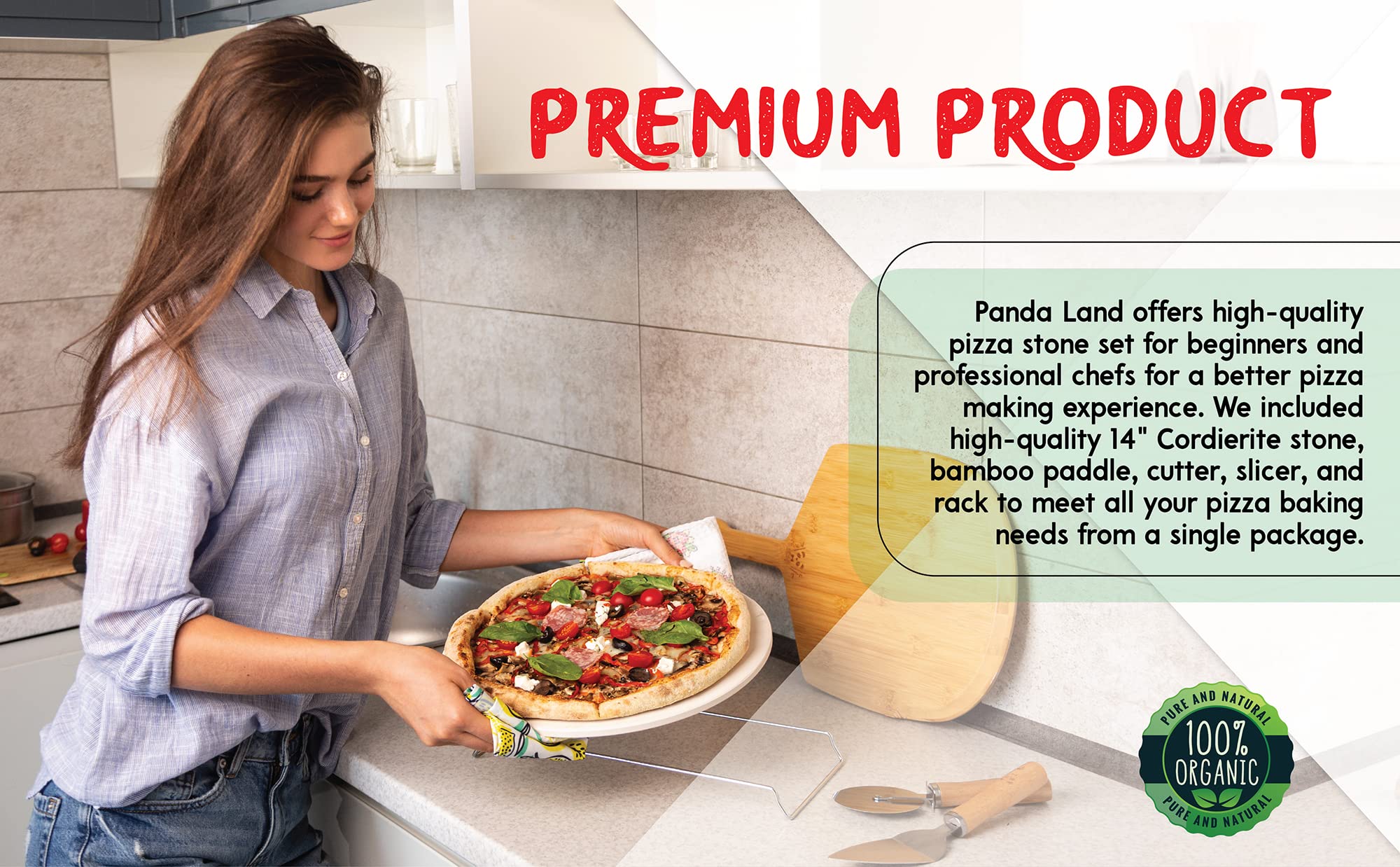 PANDA LAND Large 14" Round Pizza Stone 5-Piece set with Extra-Large Bamboo Pizza Peel Cutter Slice Server Wire Rack | Perfect Pizza Set with all Grilling Accessories| Pizza Stone for Oven and Bbq