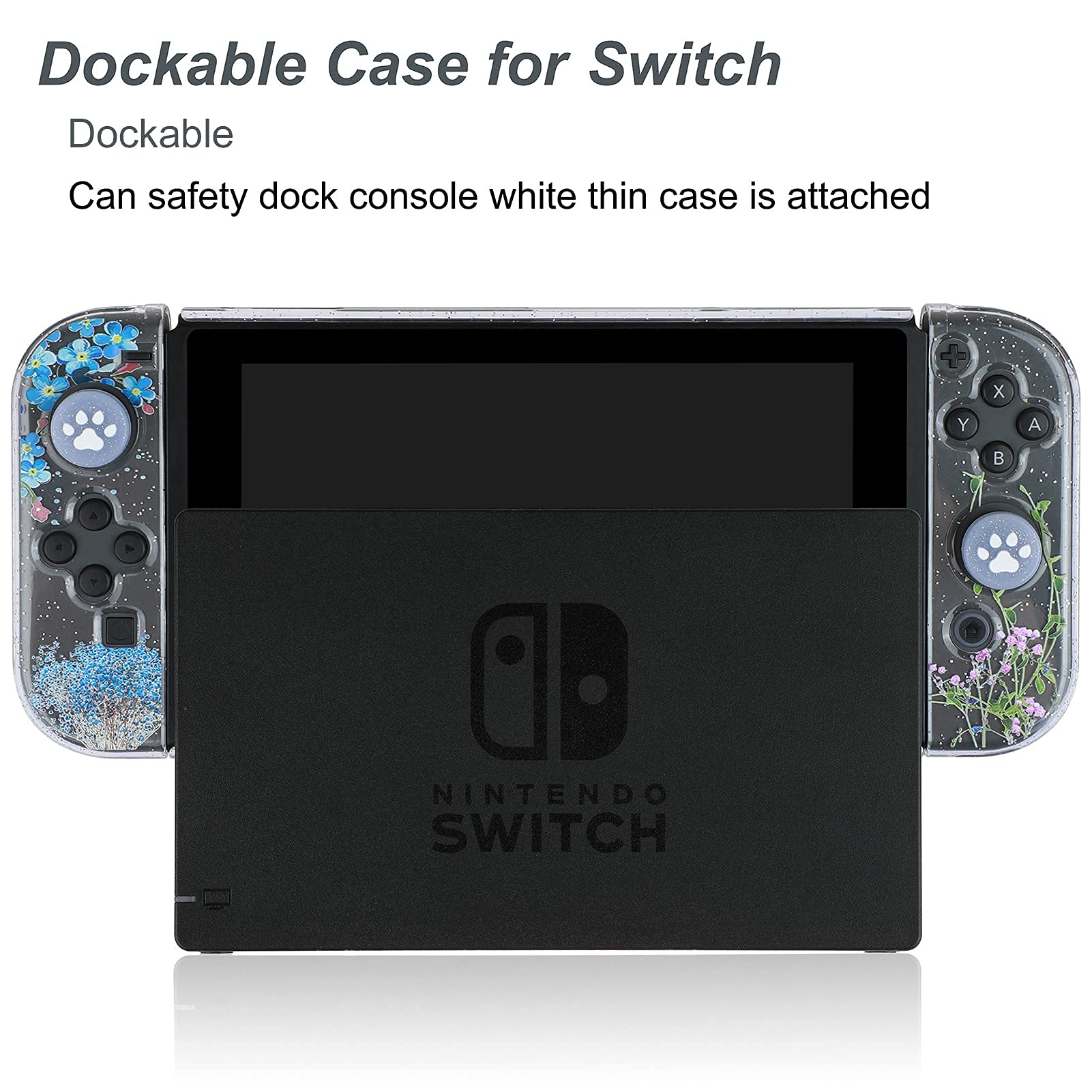 ThreeShip Kawvisy Dockable Crystal Case for Switch, Glitter Switch Cover with 4 Cute Cat Claw Thumb Grips and Screen Protector, Sparkle Switch Case(Blue Flower)