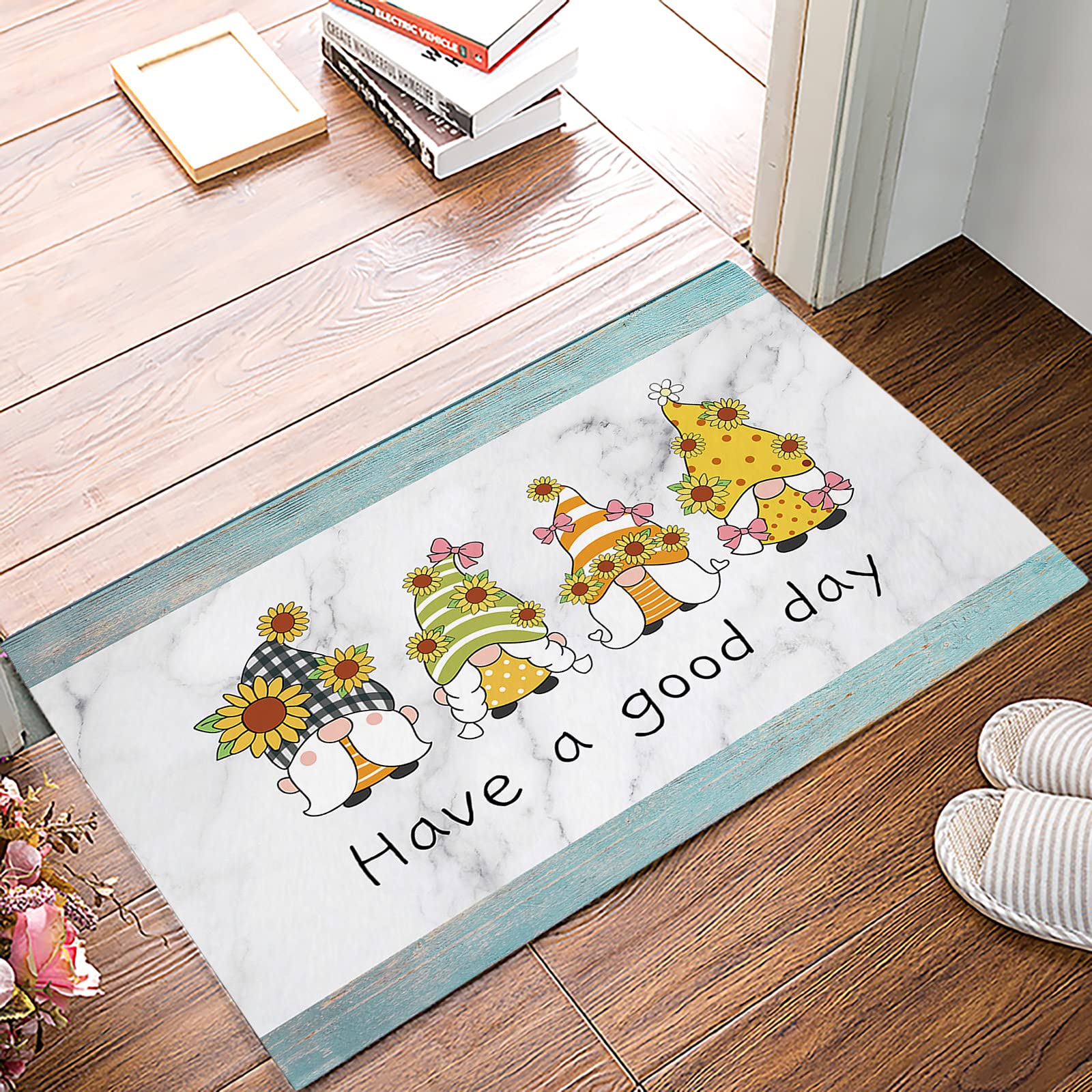 Sunflower Autumn Gnomes Marble BackdropBathroom Shower Mat Doormat Non Slip,Floor Rug Absorbent Carpets Floor Mat Home Decor for Kitchen Bedroom Rug, 16"X 24"