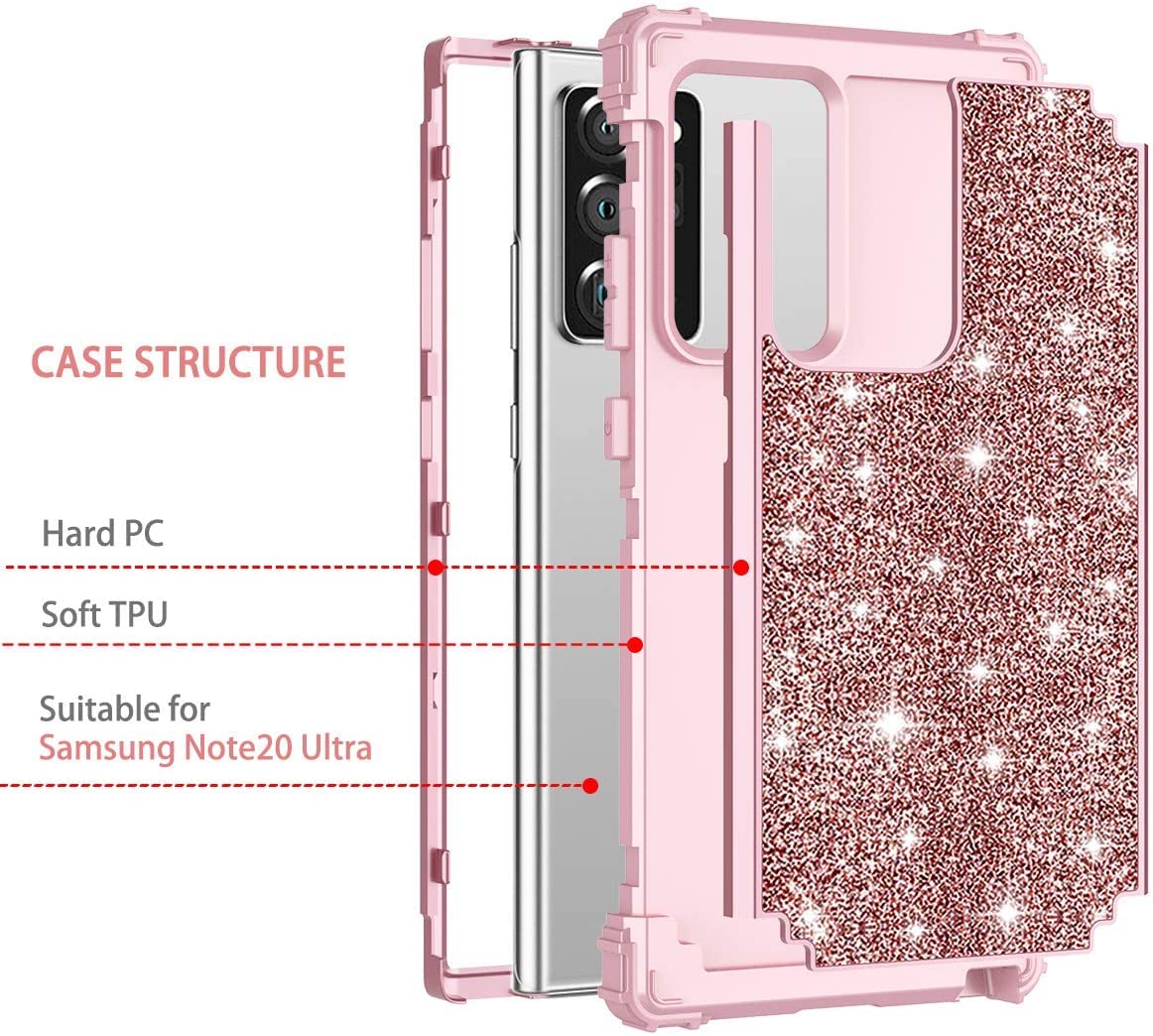 Pandawell for Galaxy Note 20 Ultra Case Glitter Sparkly Bling Heavy Duty Hybrid Sturdy High Impact Shockproof Protective Cover Case for Samsung Galaxy Note 20 Ultra 5G 6.9 inch, Shiny Rose Gold