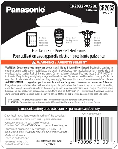 Panasonic CR2032 3.0 Volt Long Lasting Lithium Coin Cell Batteries in Child Resistant, Standards Based Packaging, 2-Battery Pack