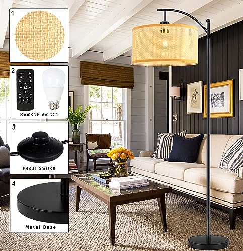 QIYIZM Floor Lamp with Remote Arc Boho Rattan Standing Lamp,Farmhouse Dimmable Industrial Black Wicker Floor Light Rustic Adjustable Tall Lamp,Bamboo Lamp Shade Floor Lamps for Living Room Bedroom