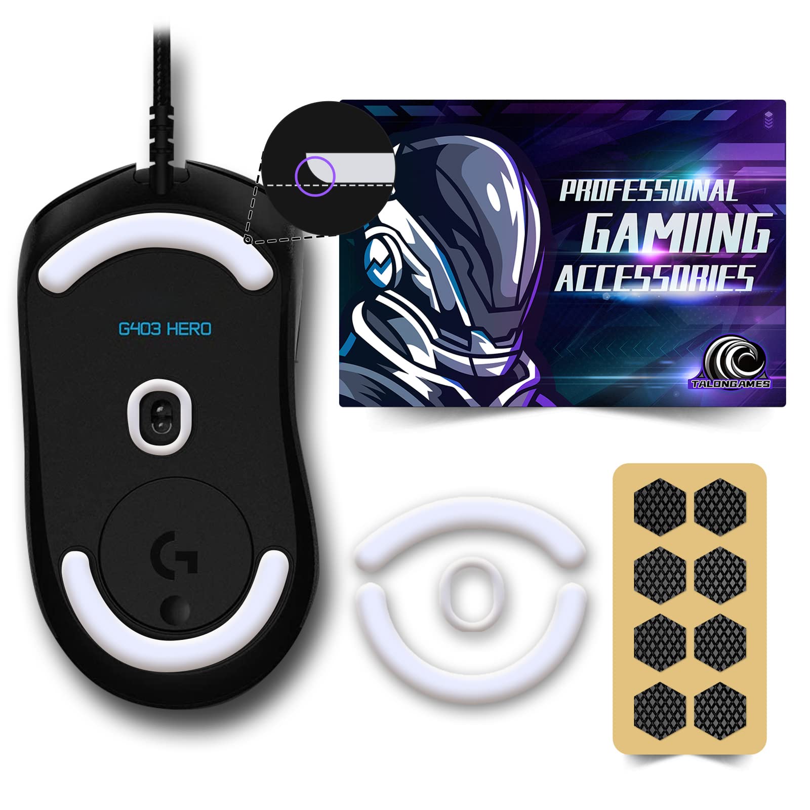 TALONGAMES Rounded Curved Edges Super Glide Mouse Feet Skates Pads Compatible with Logitech G703 G603 G403 Gaming Mouse Feet Replacement(0.8mm, Smooth, White PTFE) Pro Performance Upgrade