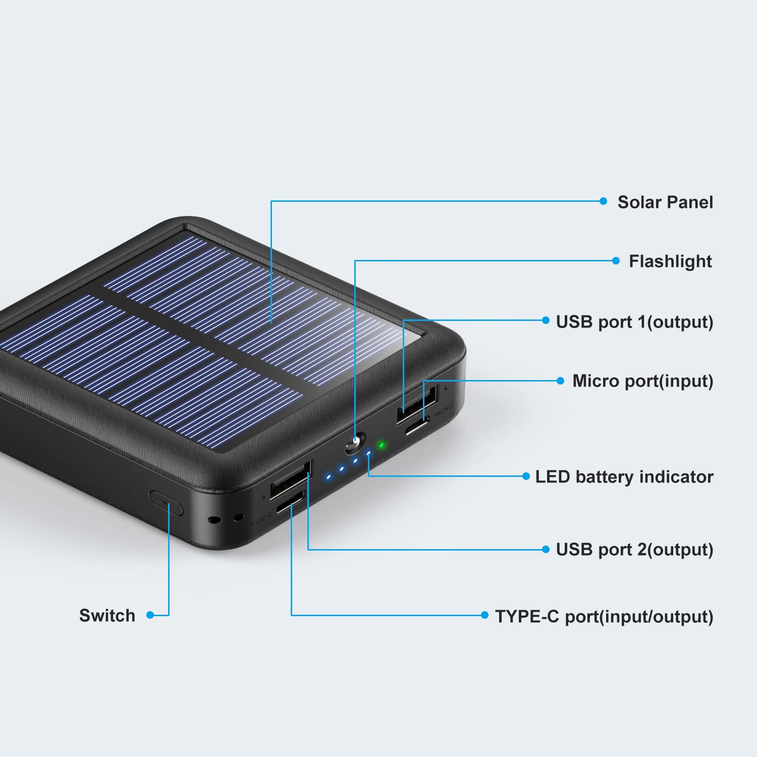 Solar Power Bank 12000mAh,Small Solar Charger Built in 4 Cables,USB C Input/Output,Dual Flashlight External Battery Portable Charger Power Bank for iPhone15/14/13/12/11/10/9/8,Tablet,Samsung (black)