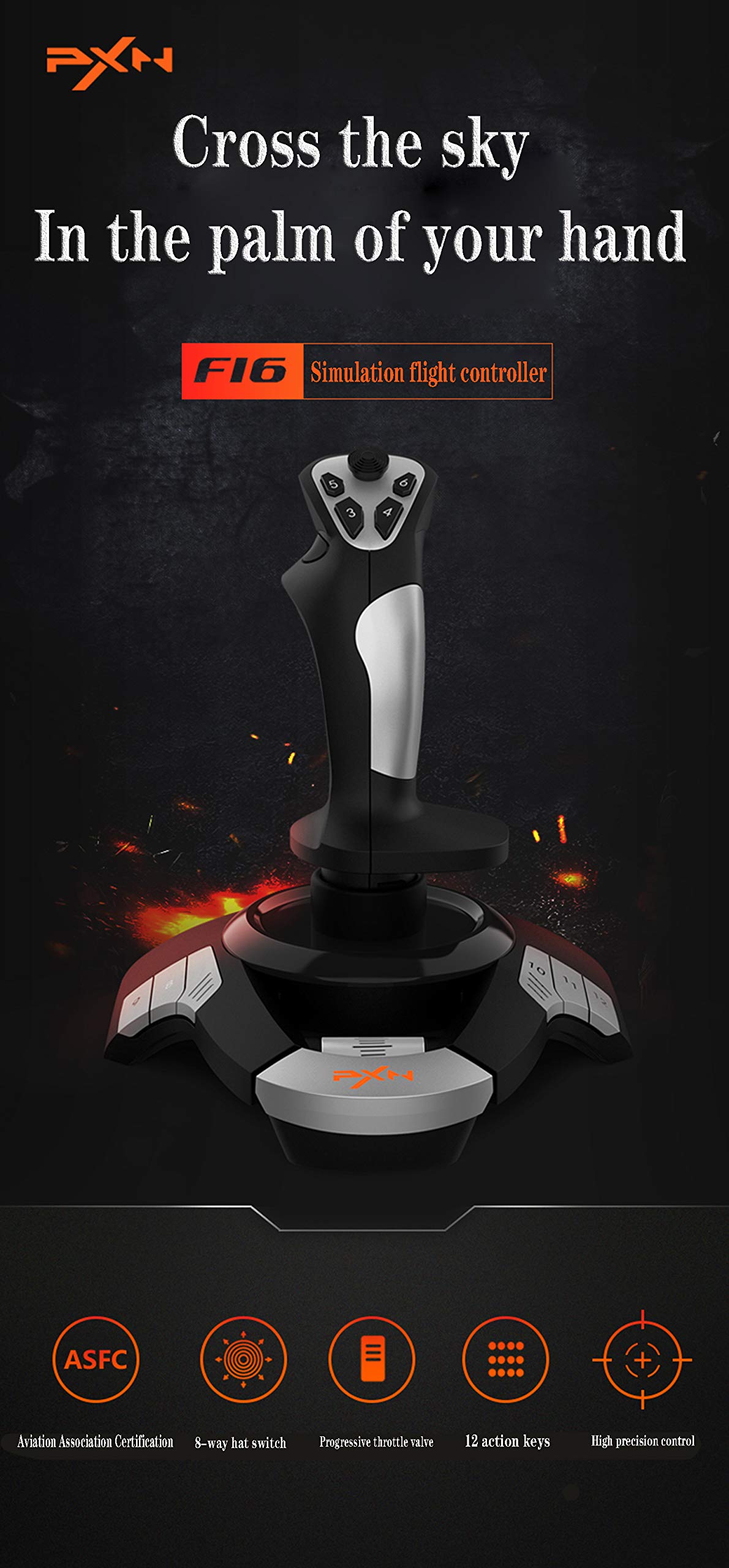 PXN-USB Flight simulation stick PC Flight Joystick Flight Joystick Controller, with Vibration Function Throttle Control, 12 Programmable Buttons, Compatible with Windows PC XP/VISTA/7/8