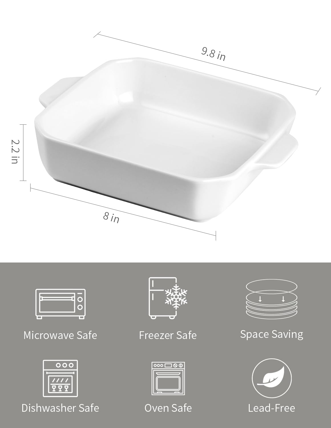 Onniyor Ceramic Baking Dishes, Square Baking Pans with Handles, Lasagna Pans Deep, Brownie Pans for Cooking, Casserole Dishes, Cake Pans, Bakeware Set for Kitchen, Oven Safe, 8 x 8 inches, Set of 2,
