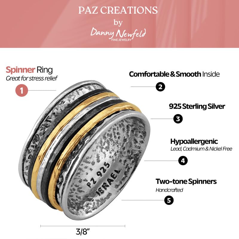 Paz Creations 925 Sterling Silver Spinner Rings for Women and Men - Hammered Pattern Thick Band Meditation Ring - Handcrafted Artisan Jewelry - Fidget Rings - Gift-Ready - 14K Yellow Gold Size 10