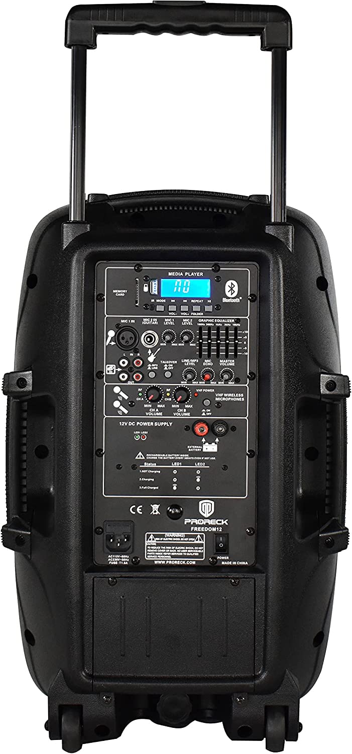 PRORECK Freedom 12 Portable Wireless 12-Inch 500 Watt Powered Dj/PA Speaker Karaoke System with Bluetooth/USB Drive Read/SD Card Reader/FM/Remote Control/Wireless Microphones (12 INCH SPEAKER)