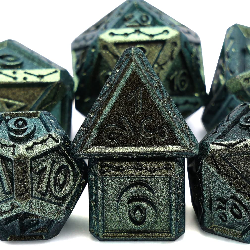 YEMFIRE Original Stellar Bones Dice,7 PCS Solid Metal Dice for Role-Playing Game D&D,RPG Dice Set for Board Game MTG Polyhedral D20 Dice (Green)