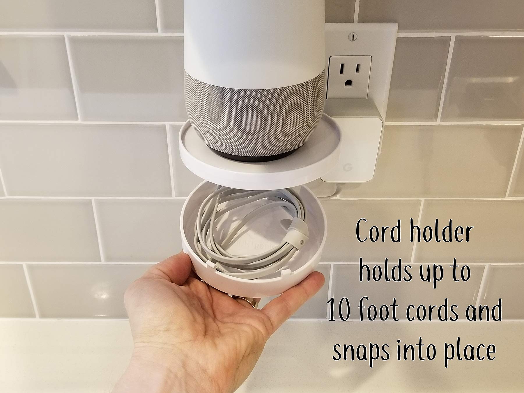 The Google Home Hub Nest Hub [Gen 1 and Gen 2] Mount for Electrical Outlets. Full Swivel. Installs in Seconds. Hidden Cord Storage. Award Winning Design. Works on All Vertical Outlets.