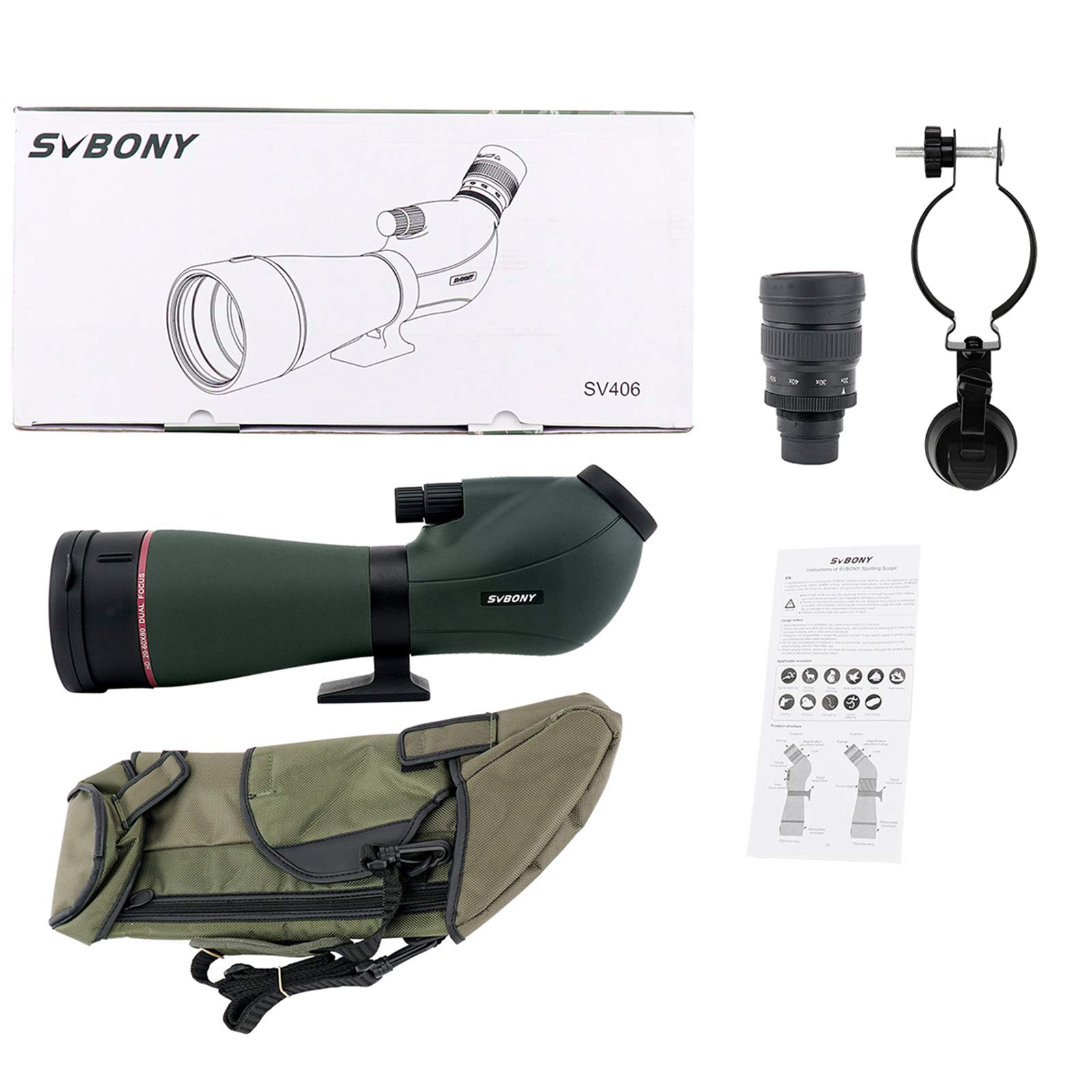 SVBONY SV406 20-60x80 Spotting Scopes with Phone Adapter Dual Focus Spotting Scope IPX7 Waterproof Spotter Scope Long Range Scope Sporting Scope for Birding Hunting Target Shooting