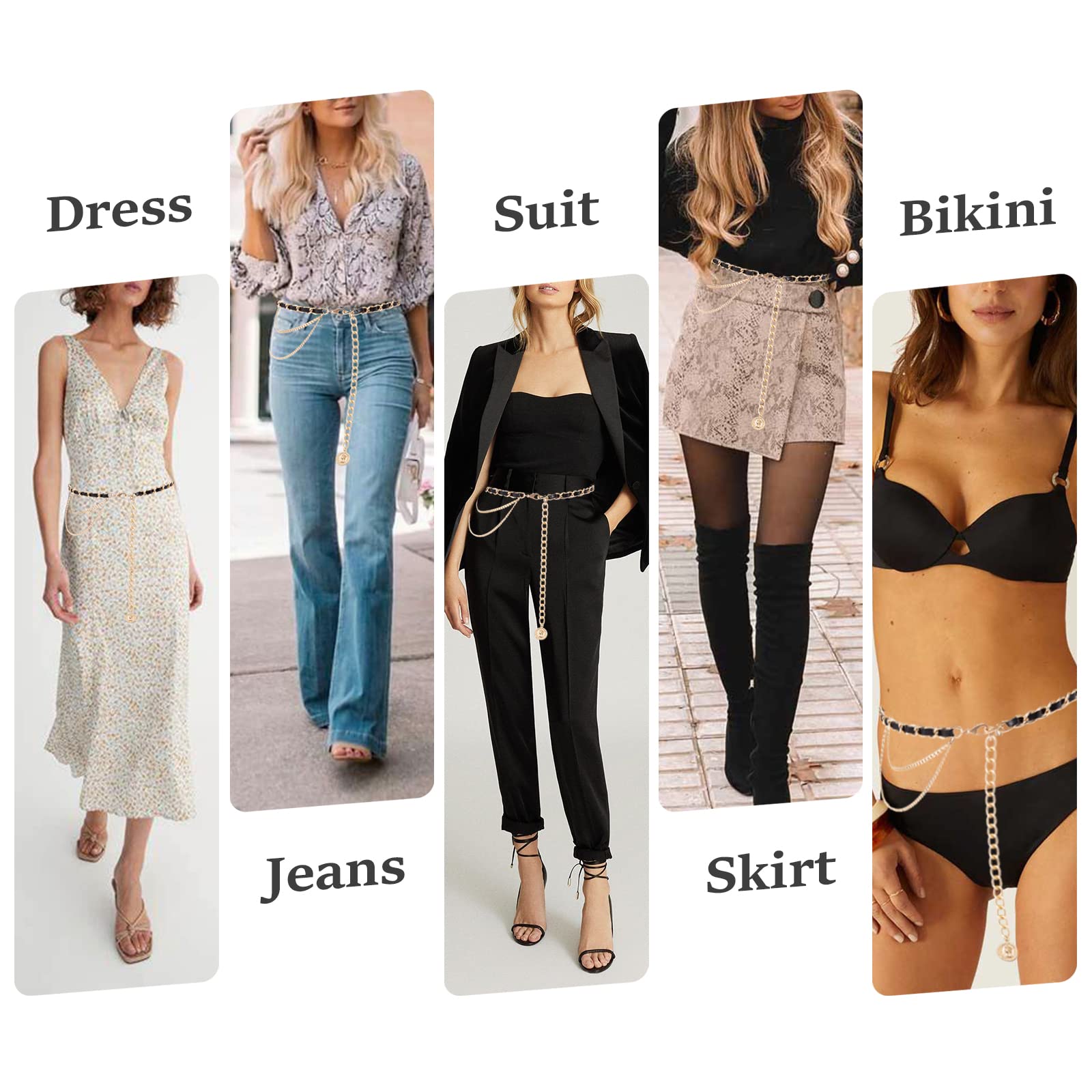 Women's Chain Belts Leather Multilayer Metal waist chains Adjustable Link Belts Body Chain Plus Size for Ladies Dress Jeans, 01black, 105cm