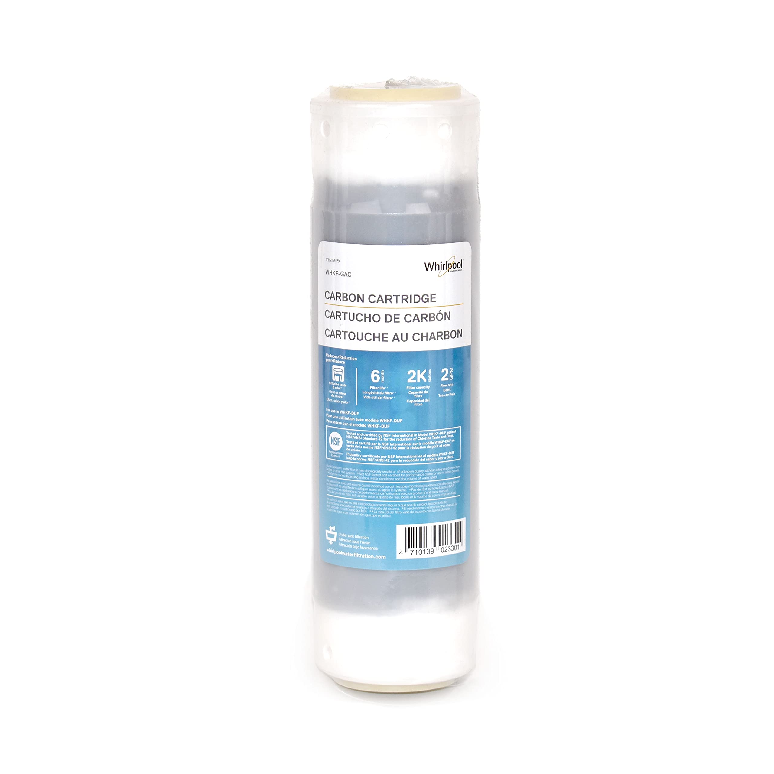 Whirlpool Undersink Granular Activated Carbon Filter WHKF-GAC, 2000 Gallon Capacity, NSF Certified - Reduces Chlorine Taste & Odor, Use for Drinking Water Filtration or Reverse Osmosis System