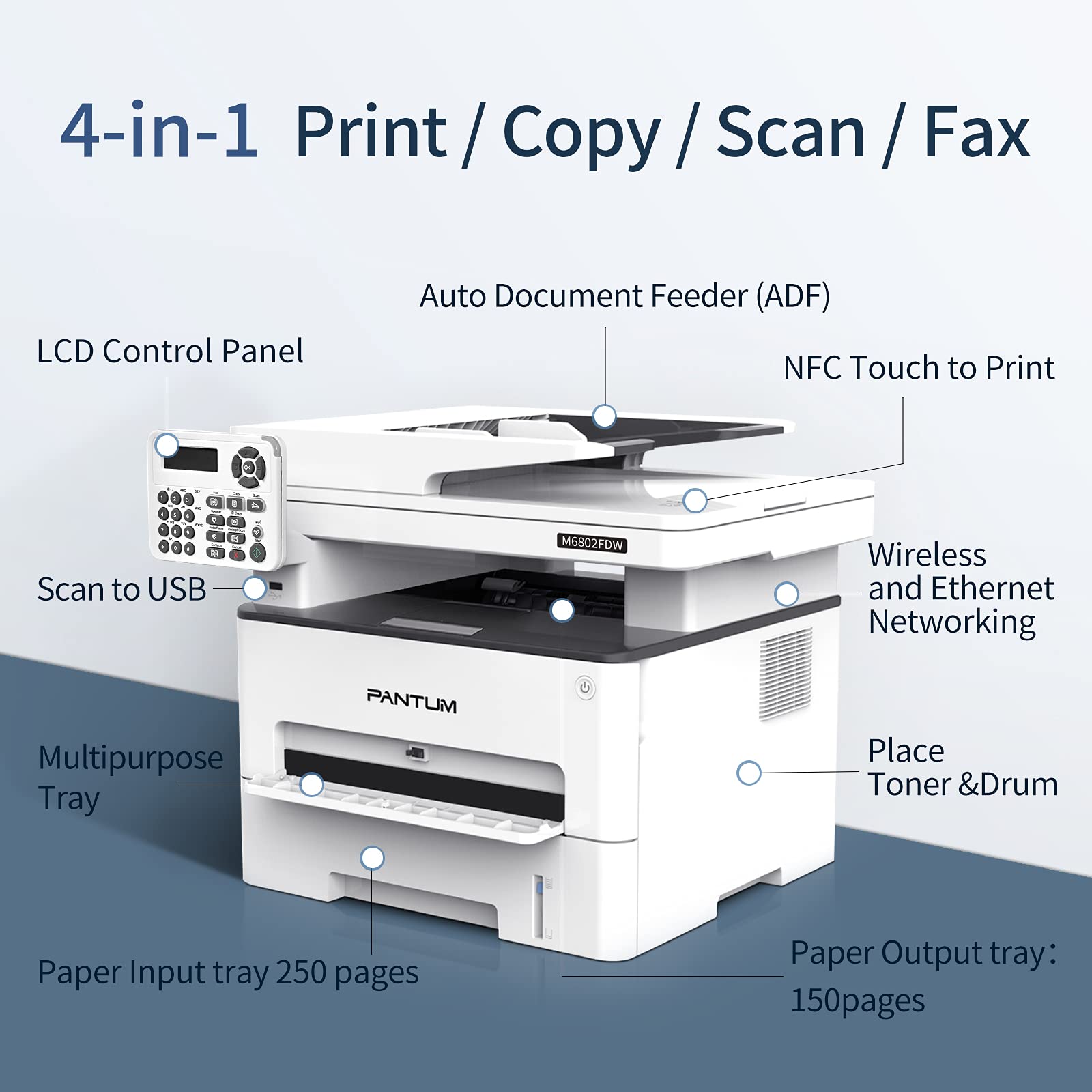 Pantum M6802FDW Wireless Monochrome Laser Printer Scanner Copier Fax All in One, Wireless Networking and Duplex Printing for Home and Office Use (V1X47B)