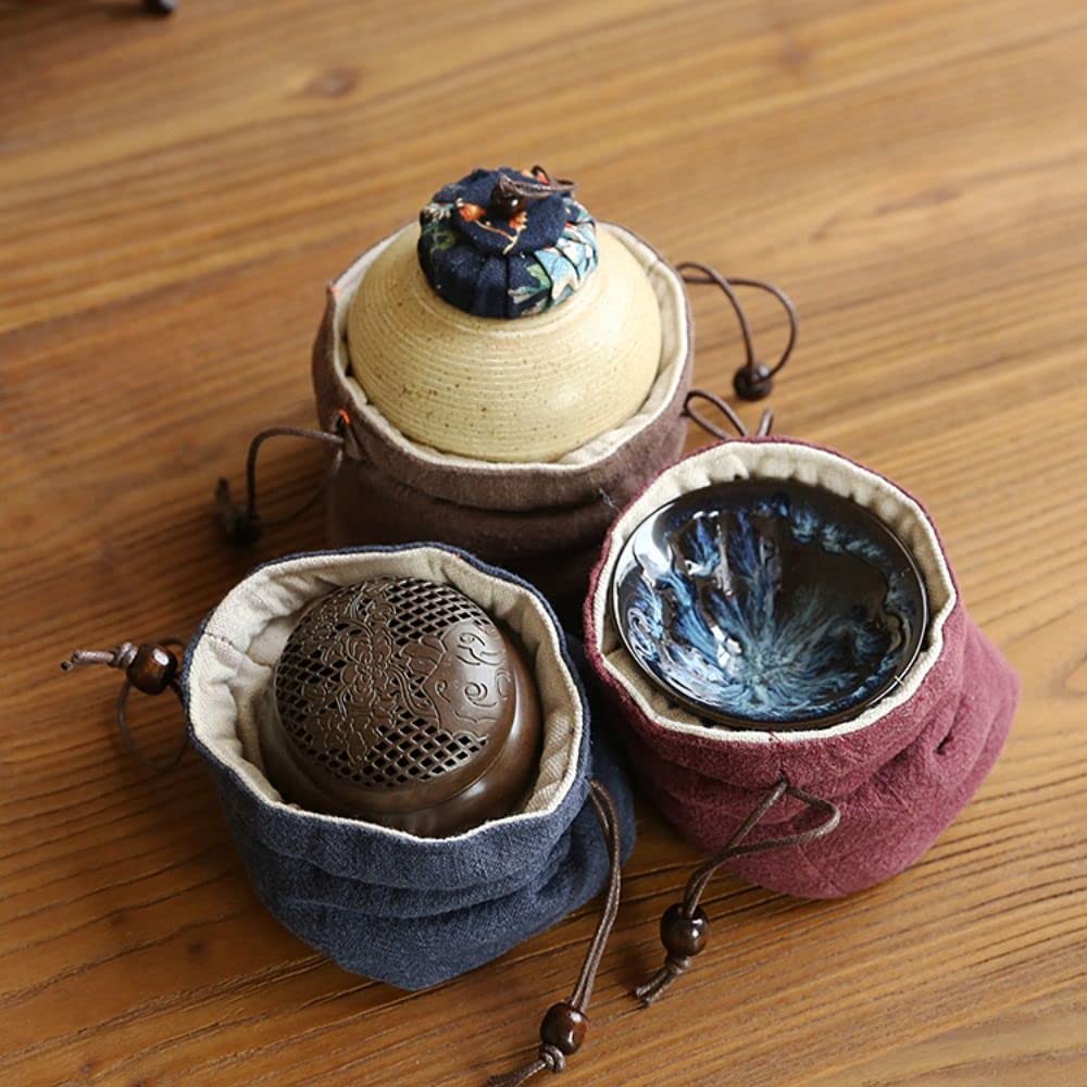 Retro Teapot Bundle Pocket, Flower Pattern Teacup Bag, Jewelry Storage Bag, Drawstring Bundle Pocket, Cotton Linen Teaware Storage Bag(Wine Red)