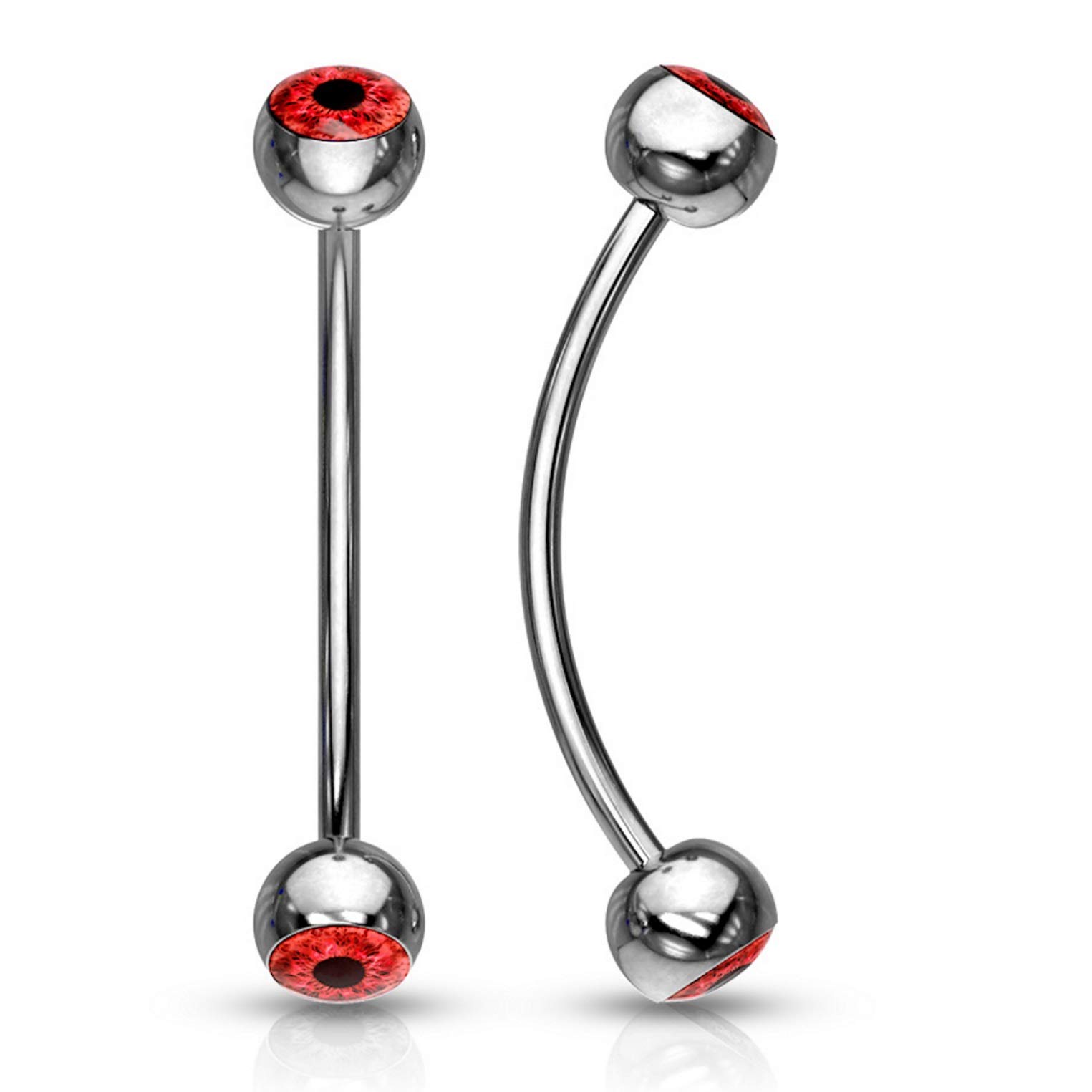 Pair of 16 Gauge Steel Eyeball Ball End Curved Barbells with Extended 14mm Length Bars (Red)