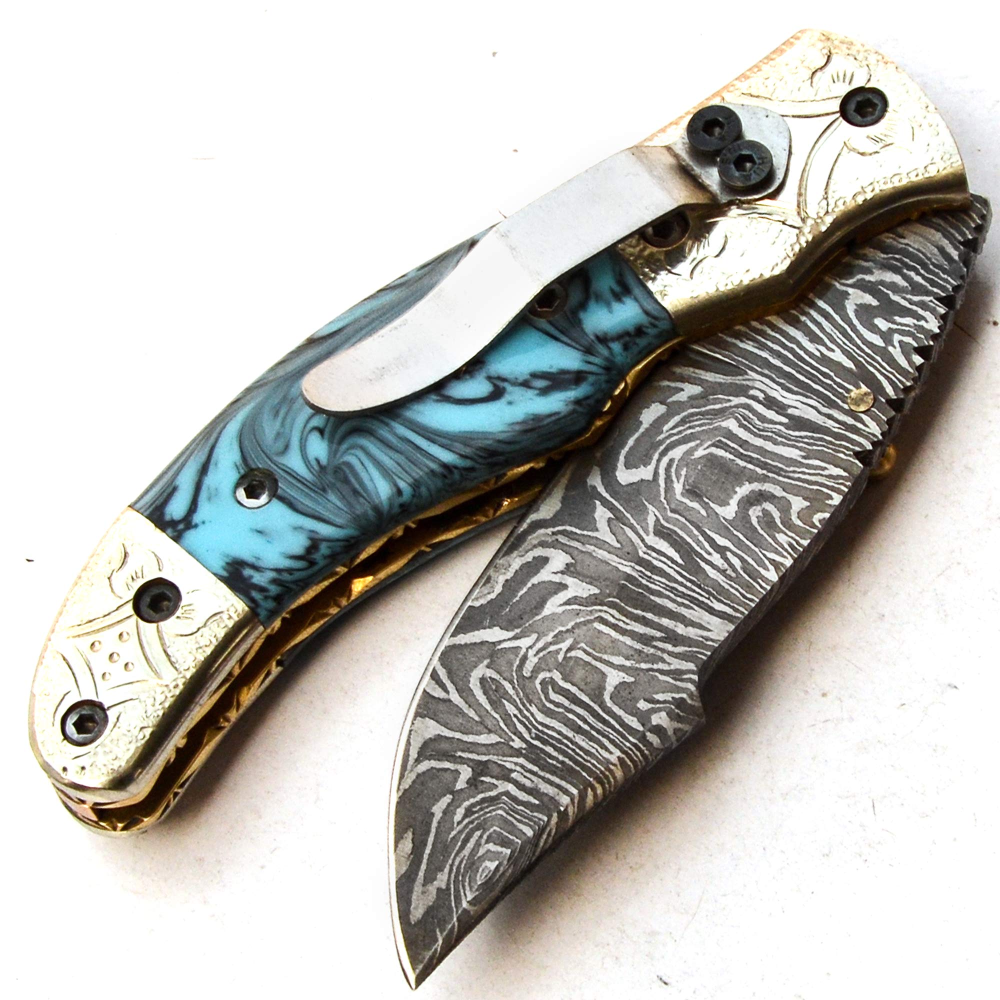POC-9776 Folding Damascus Steel Hunting Knife with Pocket Clip Sheath