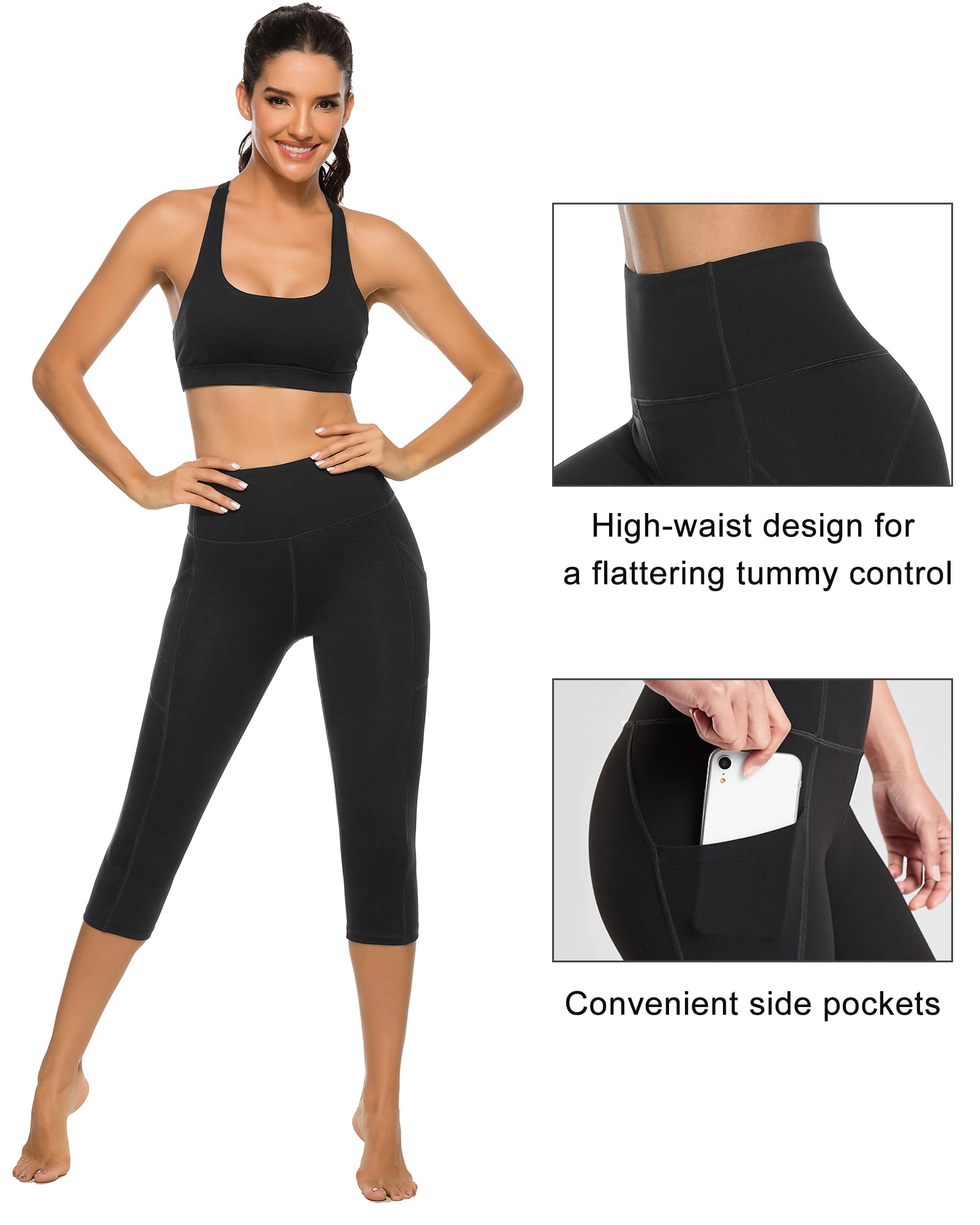 Stelle Womens High Waisted Leggings Capri Pants with Pockets for Gym Workout and Yoga (Silky Soft Compression-Grey, Medium)