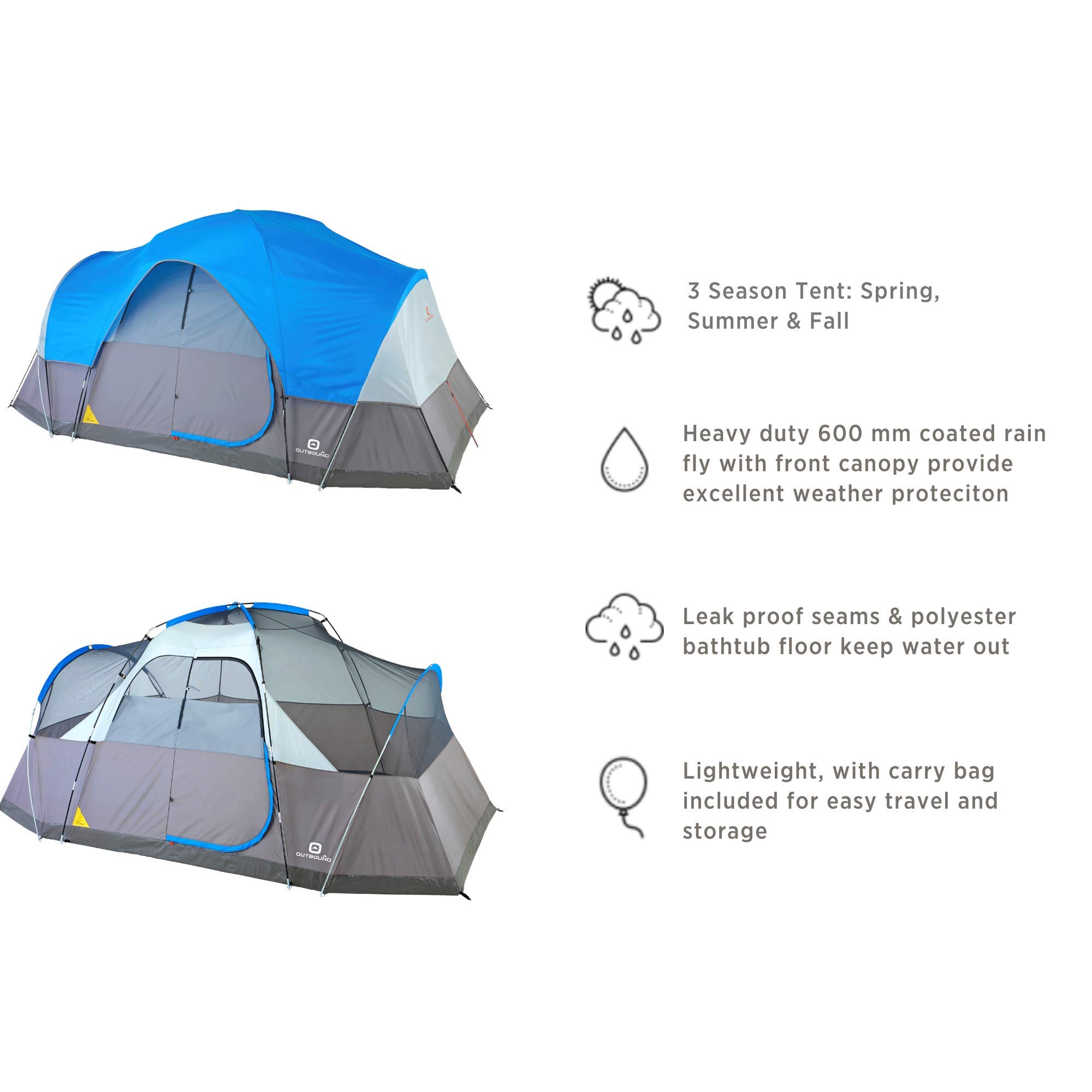 Outbound Dome Tent for Camping with Carry Bag and Rainfly | Perfect for Backpacking or The Beach | 8 & 12 Person | Blue