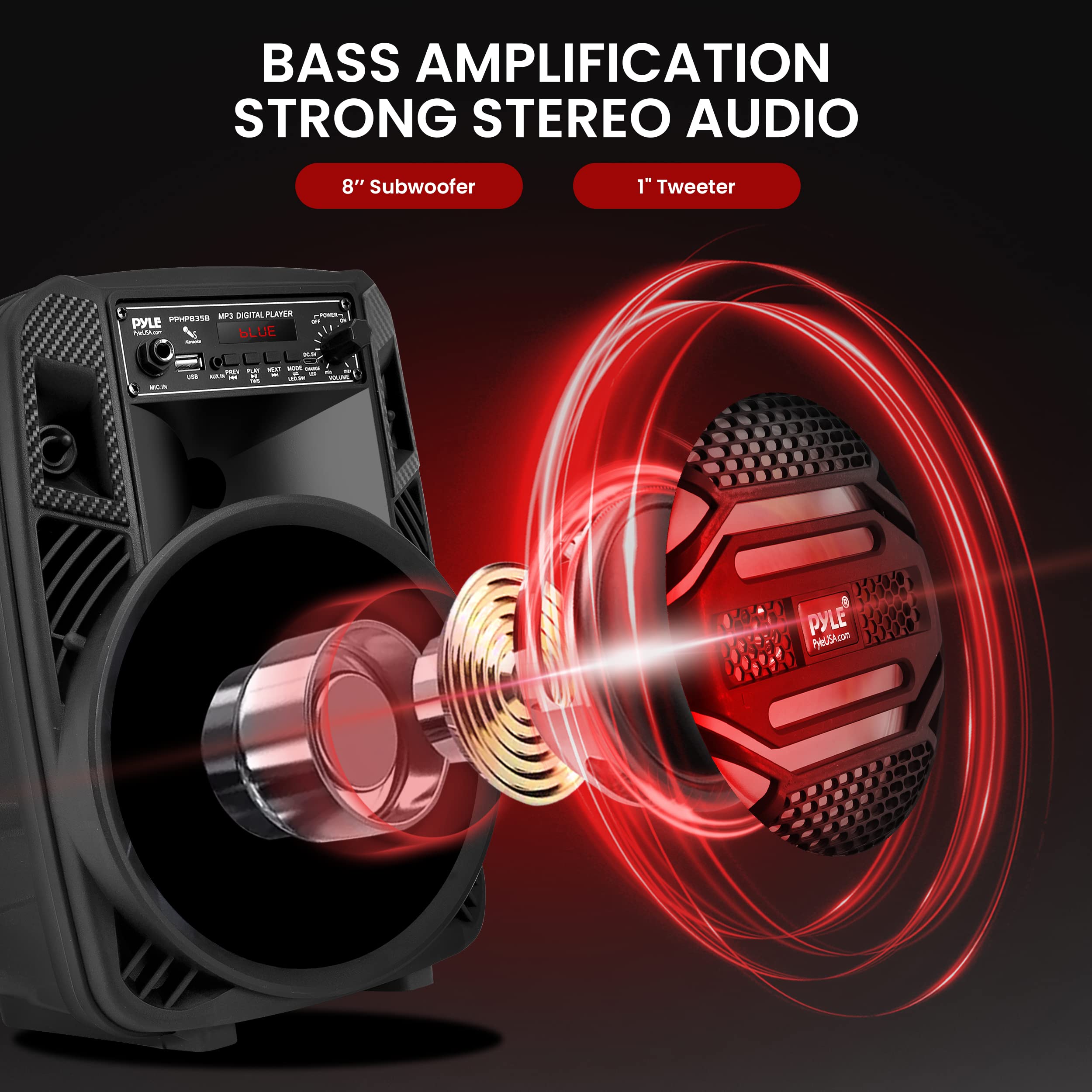 Pyle Portable Bluetooth PA Speaker System - 300W Rechargeable Outdoor Bluetooth Speaker Portable PA System w/ 8β Subwoofer 1β Tweeter, Microphone In, Party Lights, MP3/USB, Radio, Remote -PPHP835B