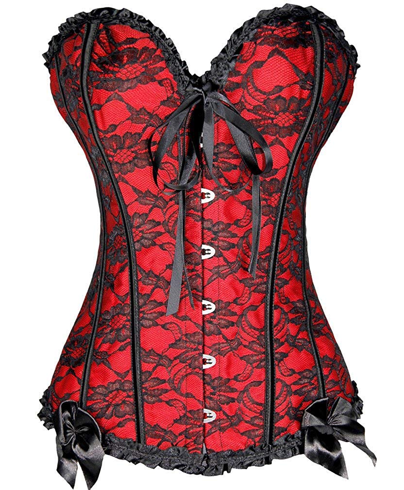 Pandolah Boned Lace up Back Sexy Corset for Women Lingerie Top Floral Bustier with G-String (2XL, Red)