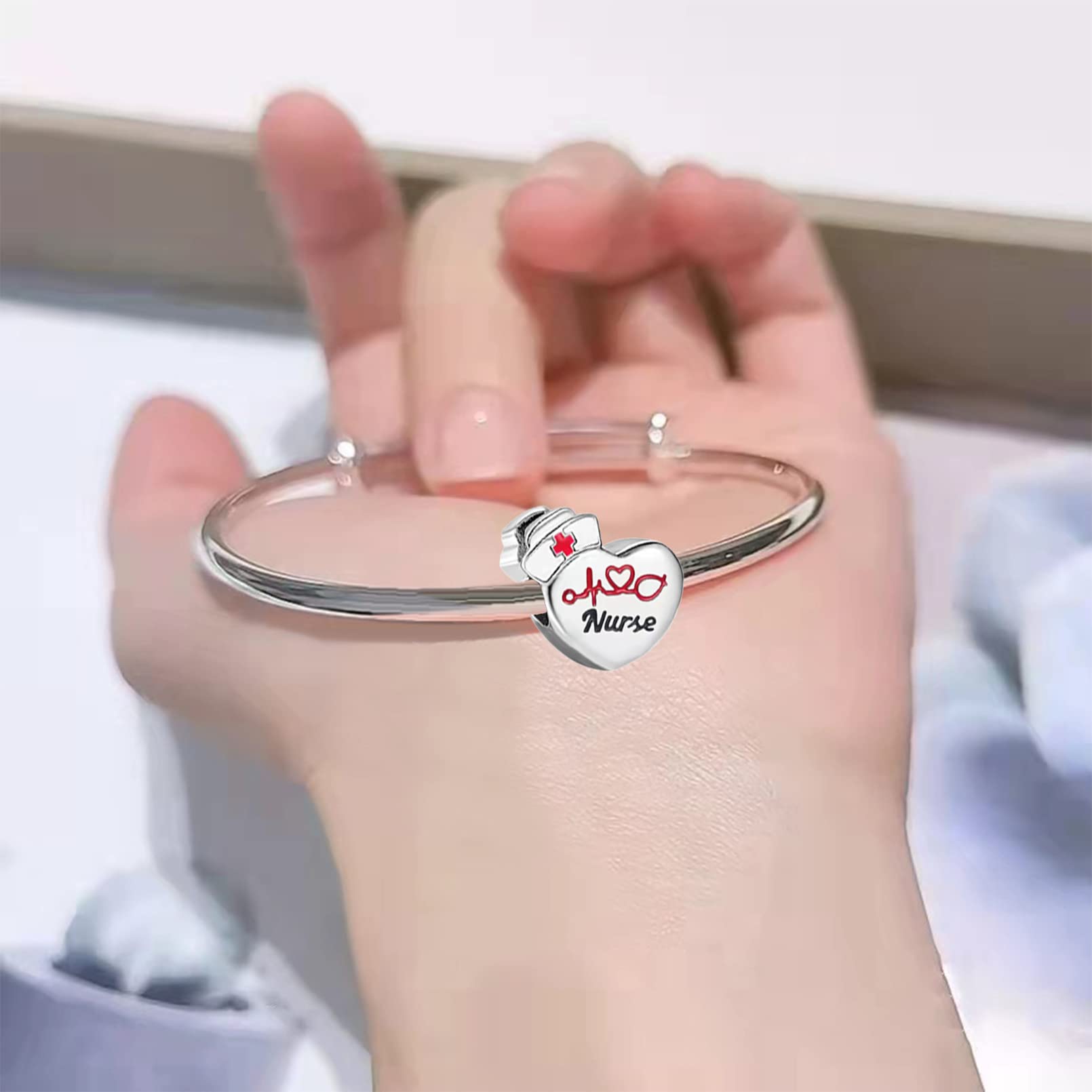 TGLS Heart Nurse Charm With Red Cross Nurse Cap Stethoscope Heartbeat Nursing Bead Compatible With Pandora Charms Bracelets