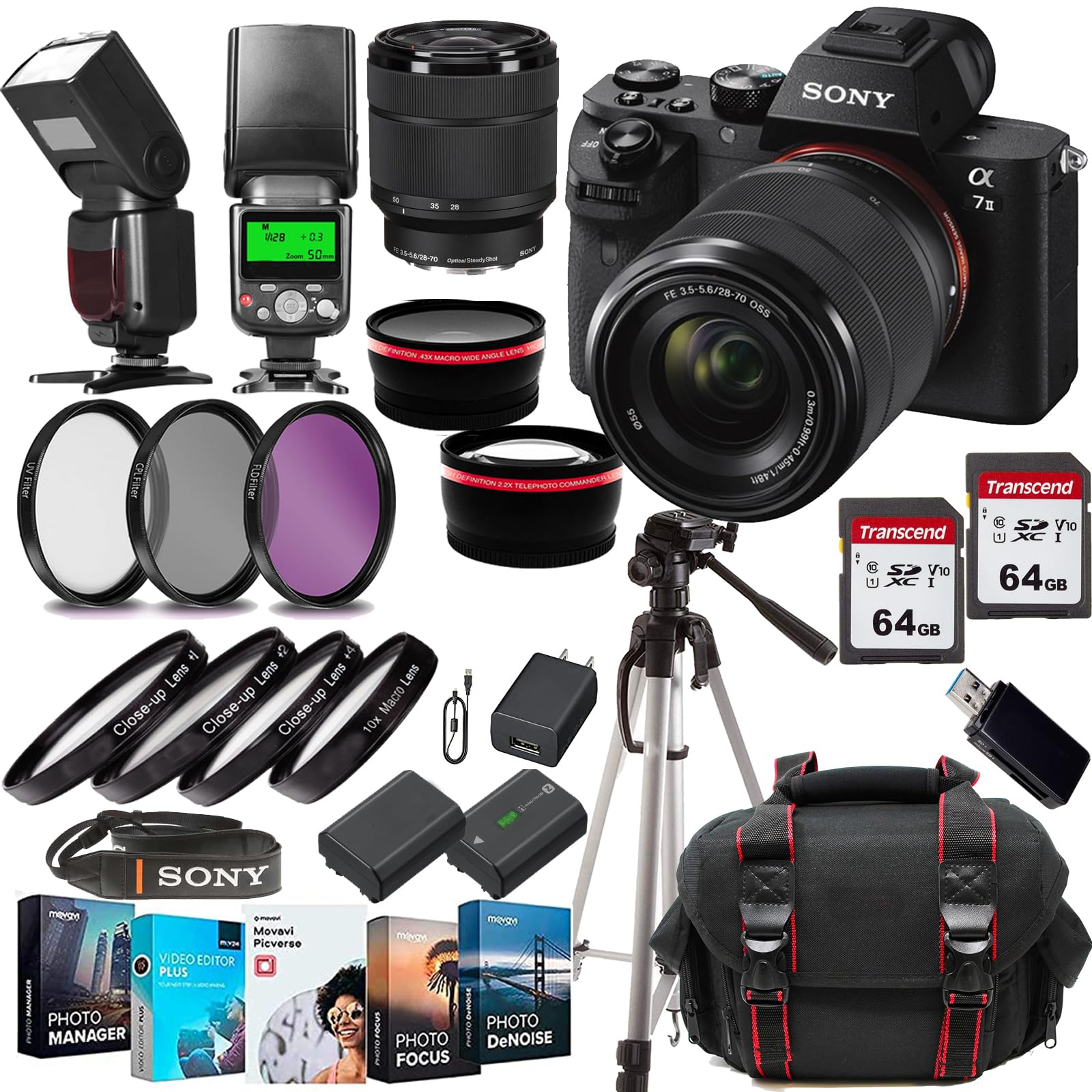 Sony a7 II Mirrorless Camera(ILCE7M2K/B) with Sony FE 28-70mm f/3.5-5.6 OSS Lens+Case+128 GIG Memory Cards+TTL Flash+Tripod(17PC) Bundle