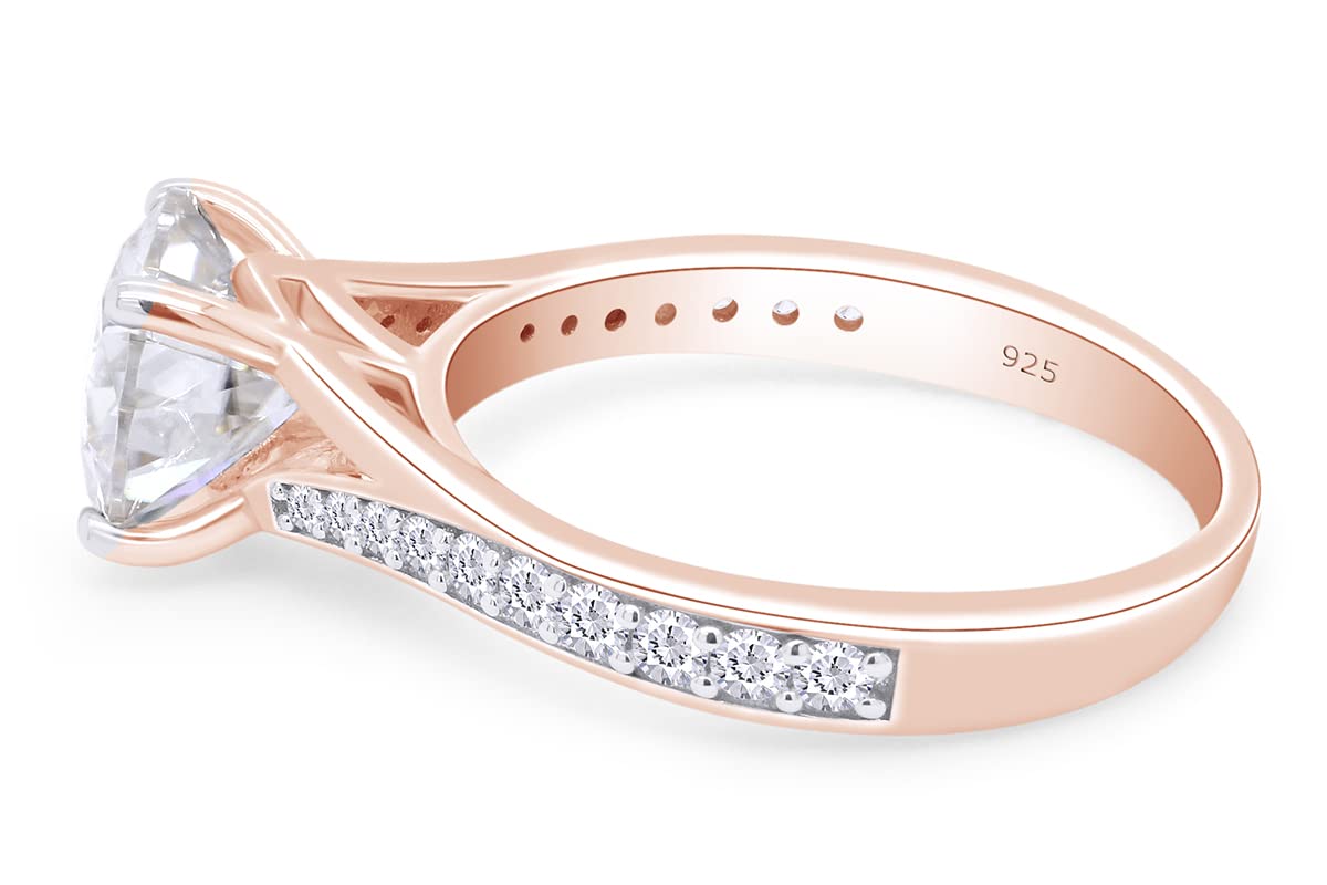 SAVEARTH DIAMONDS 2 Carat Round Cut Lab Created Moissanite Diamond Split Shank Solitaire Engagement Ring In 14K Rose Gold Plated 925 Sterling Silver Jewelry (G-H Color, 2.00 Cttw) Ring Size -6.5