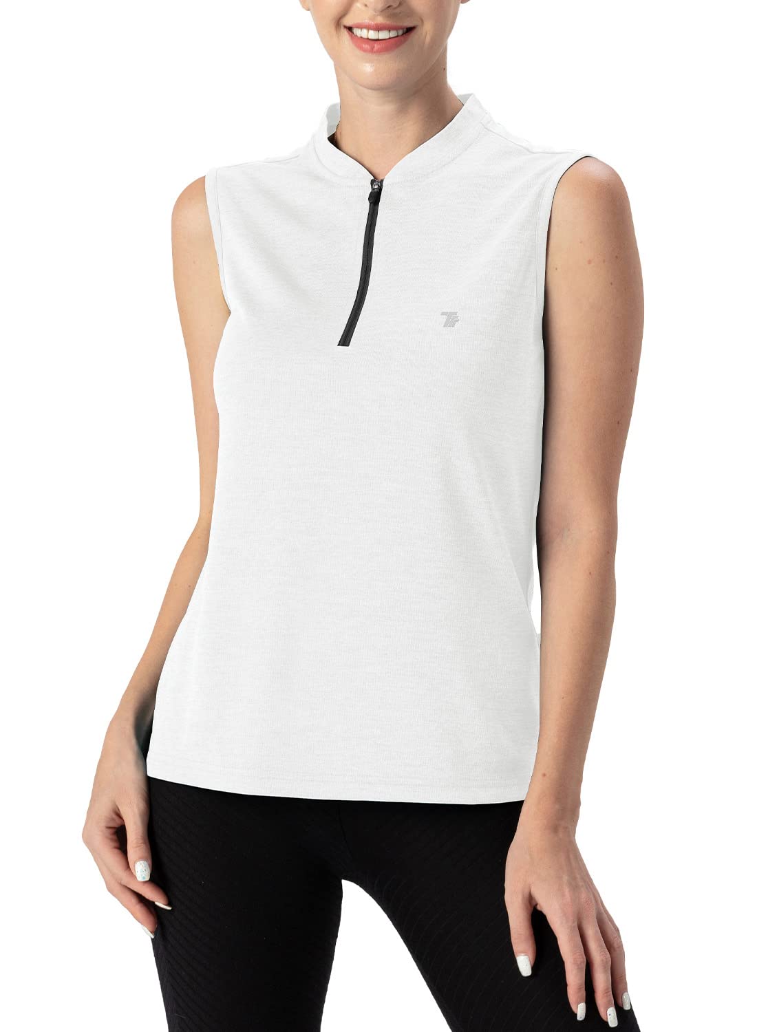 TBMPOY Women's UPF 50+ Golf Polo Shirts Sleeveless Zip Up Athletic Tank Tops Quick Dry White L