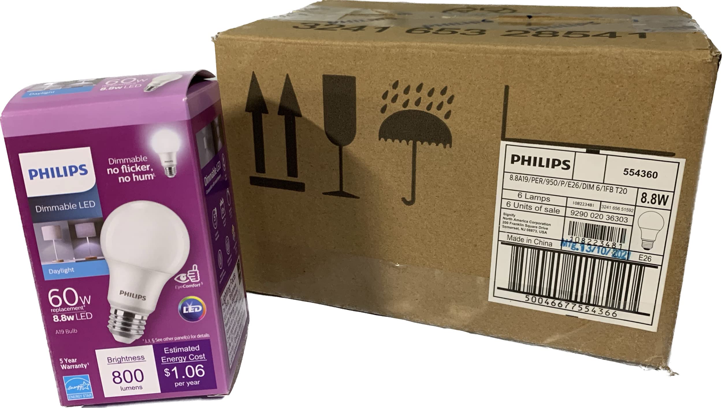 PHILIPS LED - Dimmable A19 Light Bulb, EyeComfort Technology, 800 Lumen, Daylight (5000K), 8.8W=60W, E26 Base, Title 20 Certified, 6-Pack