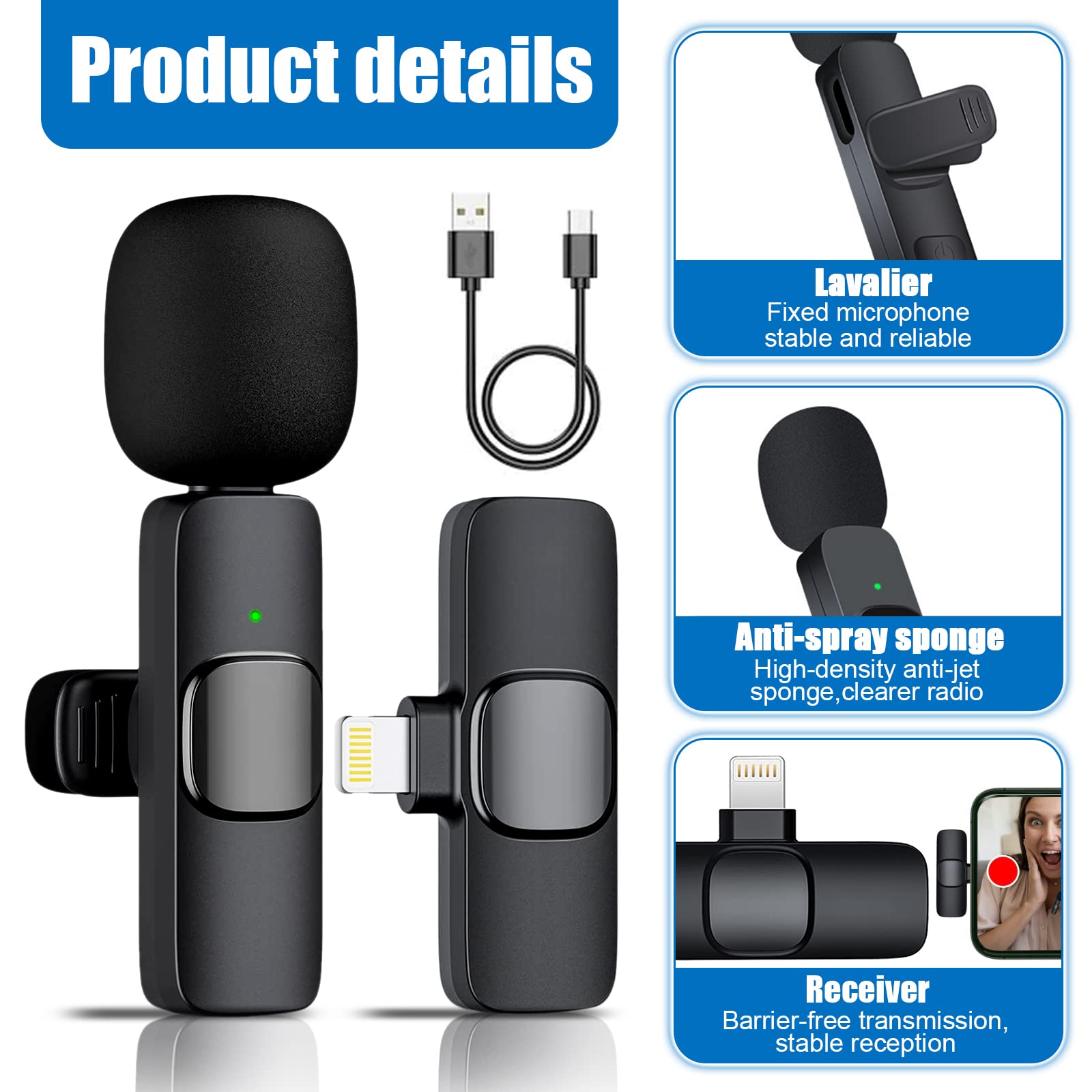OPULENO 2 Pcs Wireless Lavalier Microphones for iPhone and iPad, Wireless noise-cancelling microphone, Professional Wireless Lavalier Microphone for Recording, Live Stream, YouTube, Facebook (Black)