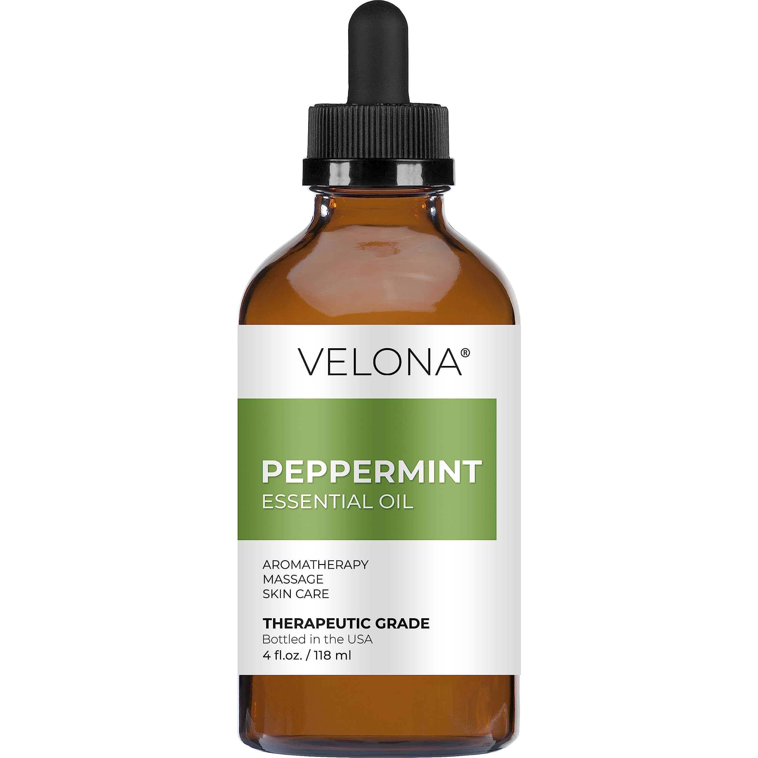 Peppermint Essential Oil by Velona - 4 oz | Therapeutic Grade 100% Pure and Natural | for Aromatherapy Diffuser, Massage, Skincare, Haircare, Soapmaking | Undiluted and Multipurpose in Glass Bottle
