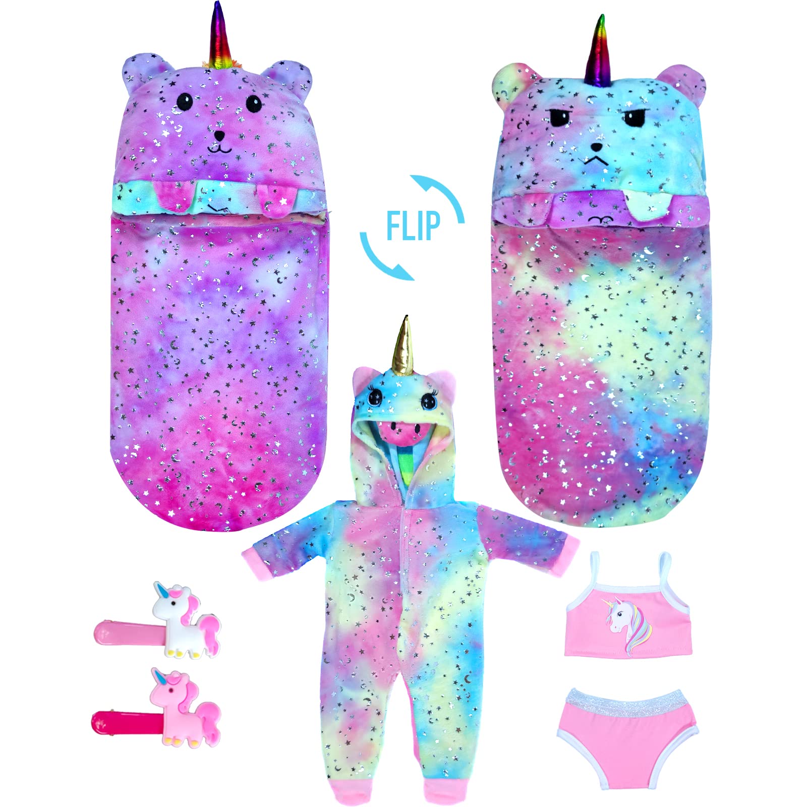 WONDOLL 18-inch-Doll-Clothes and Unicorn Reversible-Doll-Sleeping-Bag Set with Headband Compatible with All 18-inch Dolls Accessories for Kids