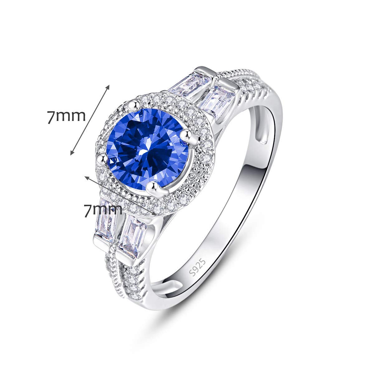 Pakula 925 Sterling Silver Ring Split Shank Band 7x7mm Round Simulated Tanzanite CZ Halo Ring for Women Size 8