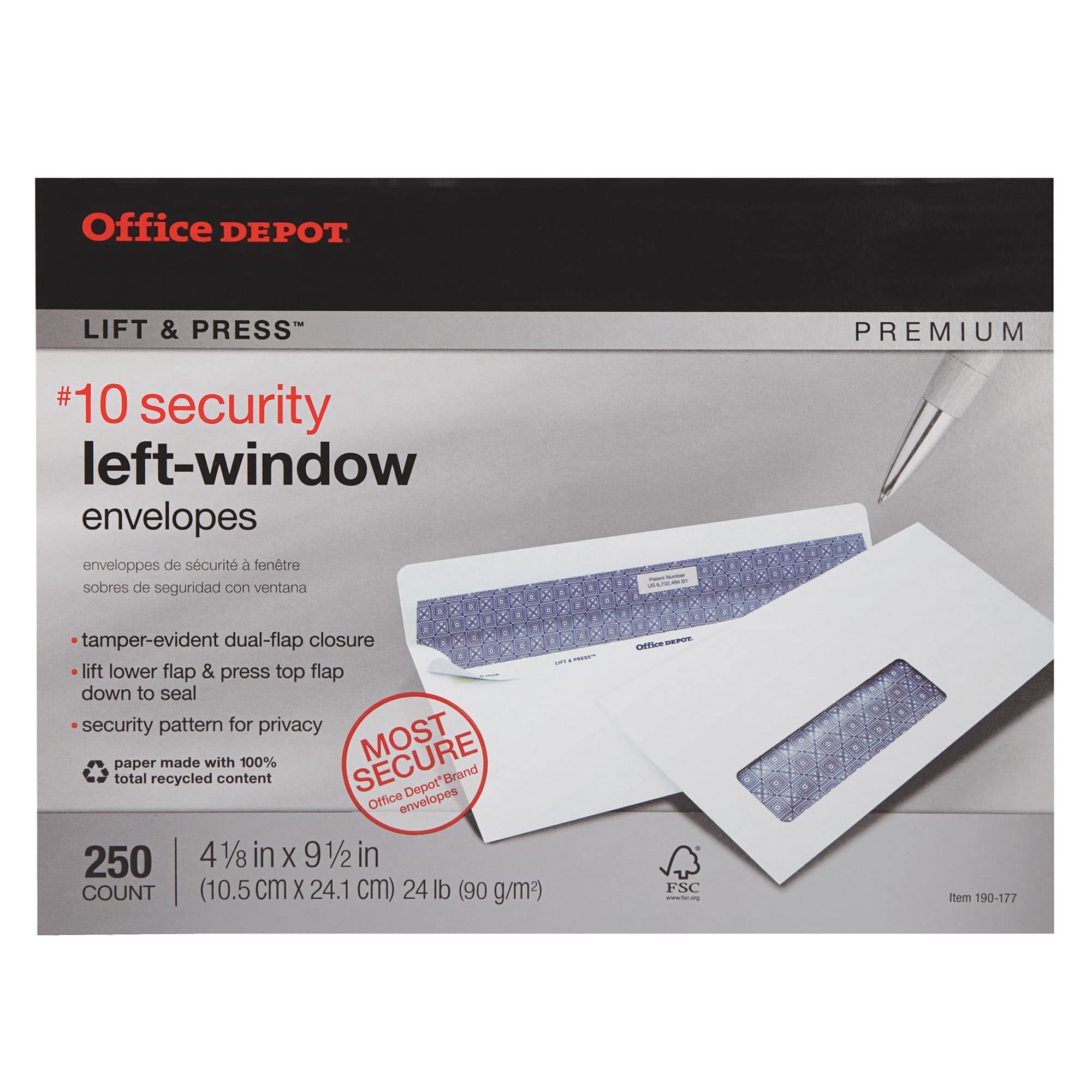 Office Depot 100% Recycled Lift Press(TM) Window Envelopes, 10 (4 1/8in. x 9 1/2in.), White, Pack Of 250, 76172